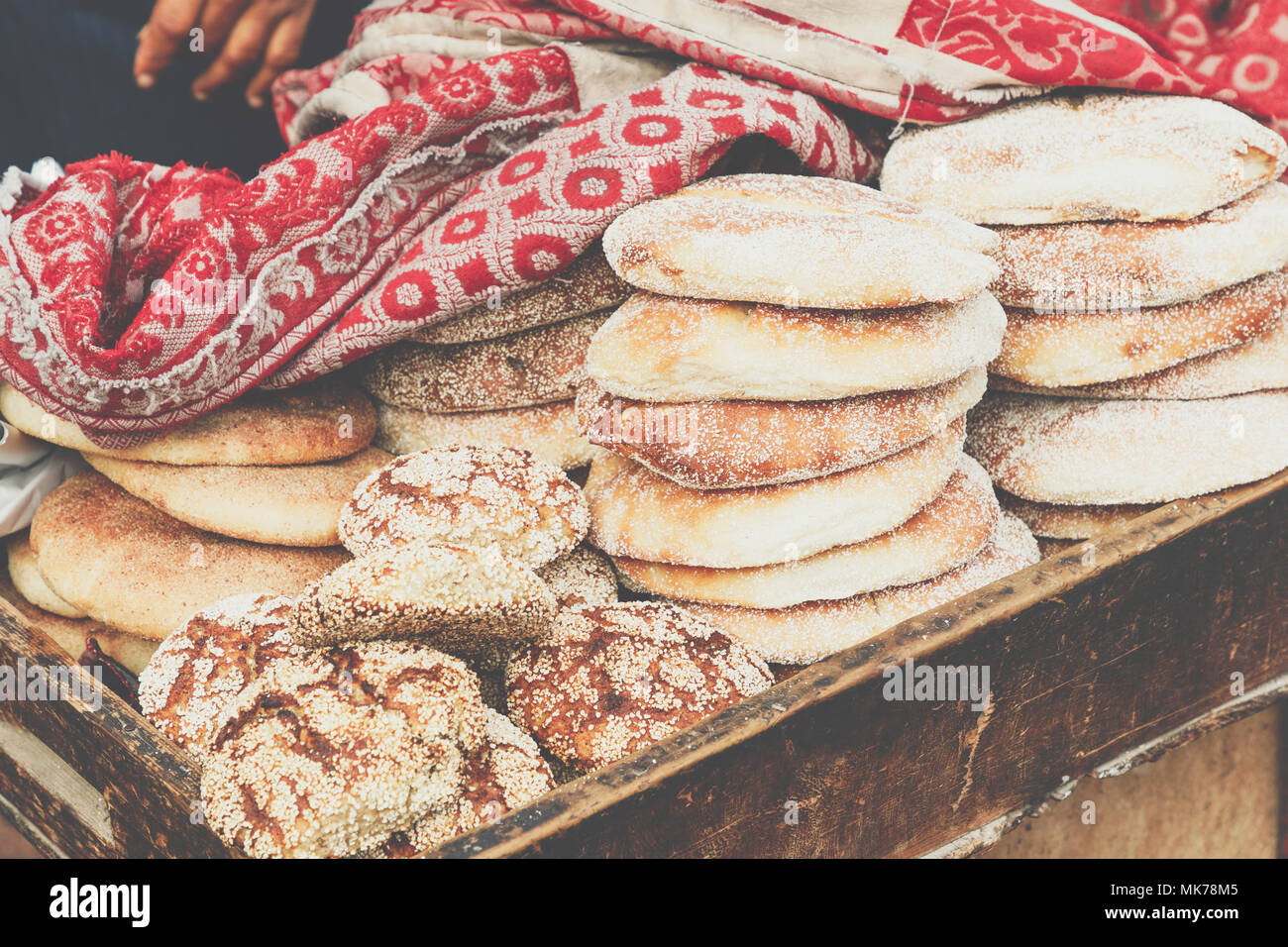 Typical traditional Moroccan bread sesame seeds on street food stall ...