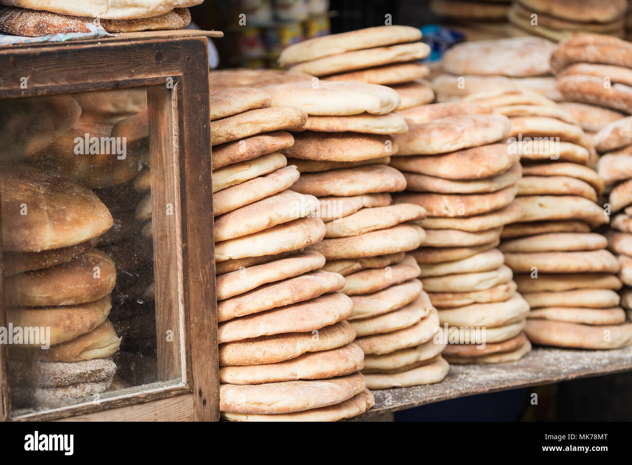 Typical traditional Moroccan bread on street food stall, Marrakesh ...