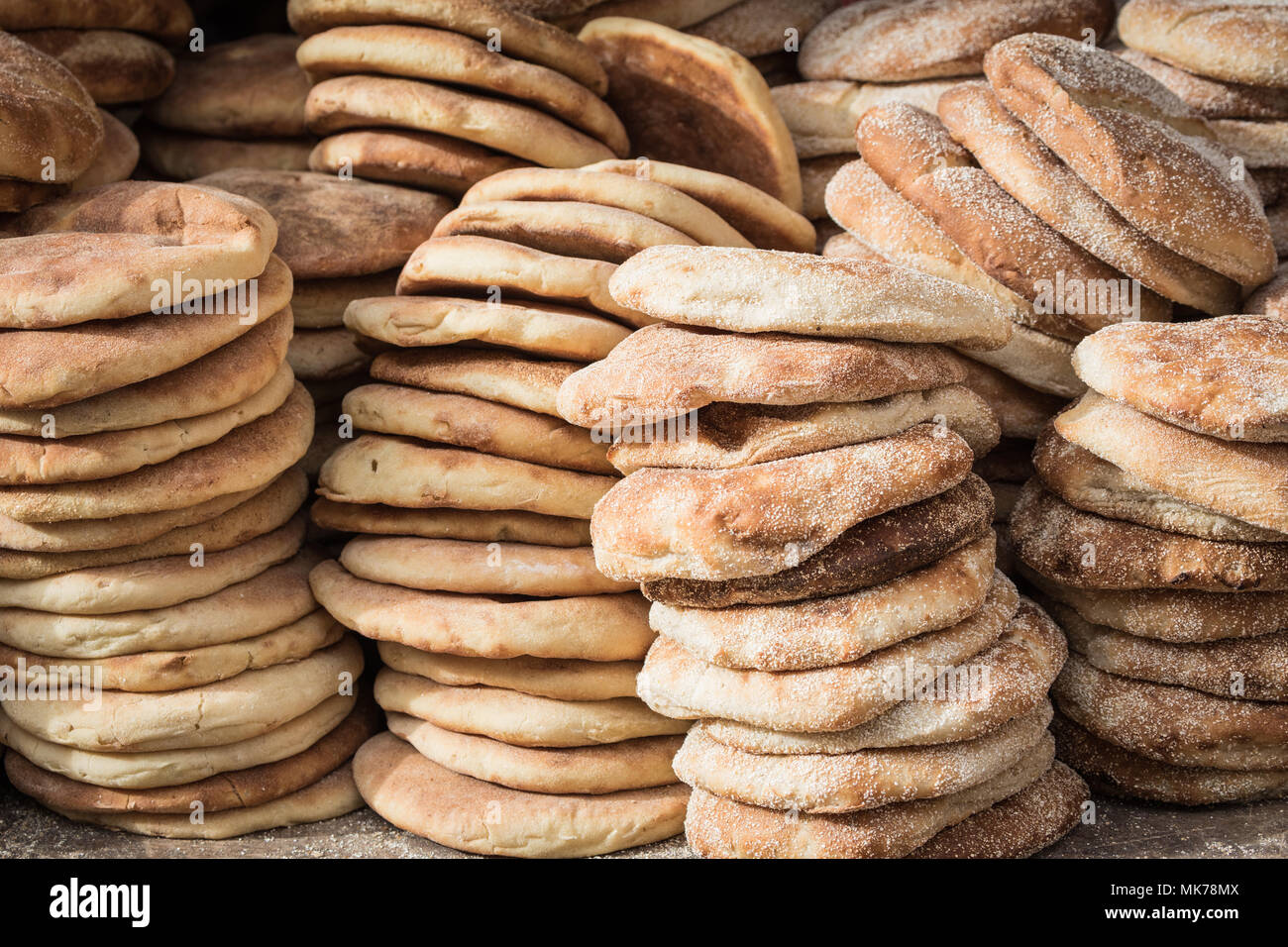 Typical traditional Moroccan bread on street food stall, Marrakesh ...