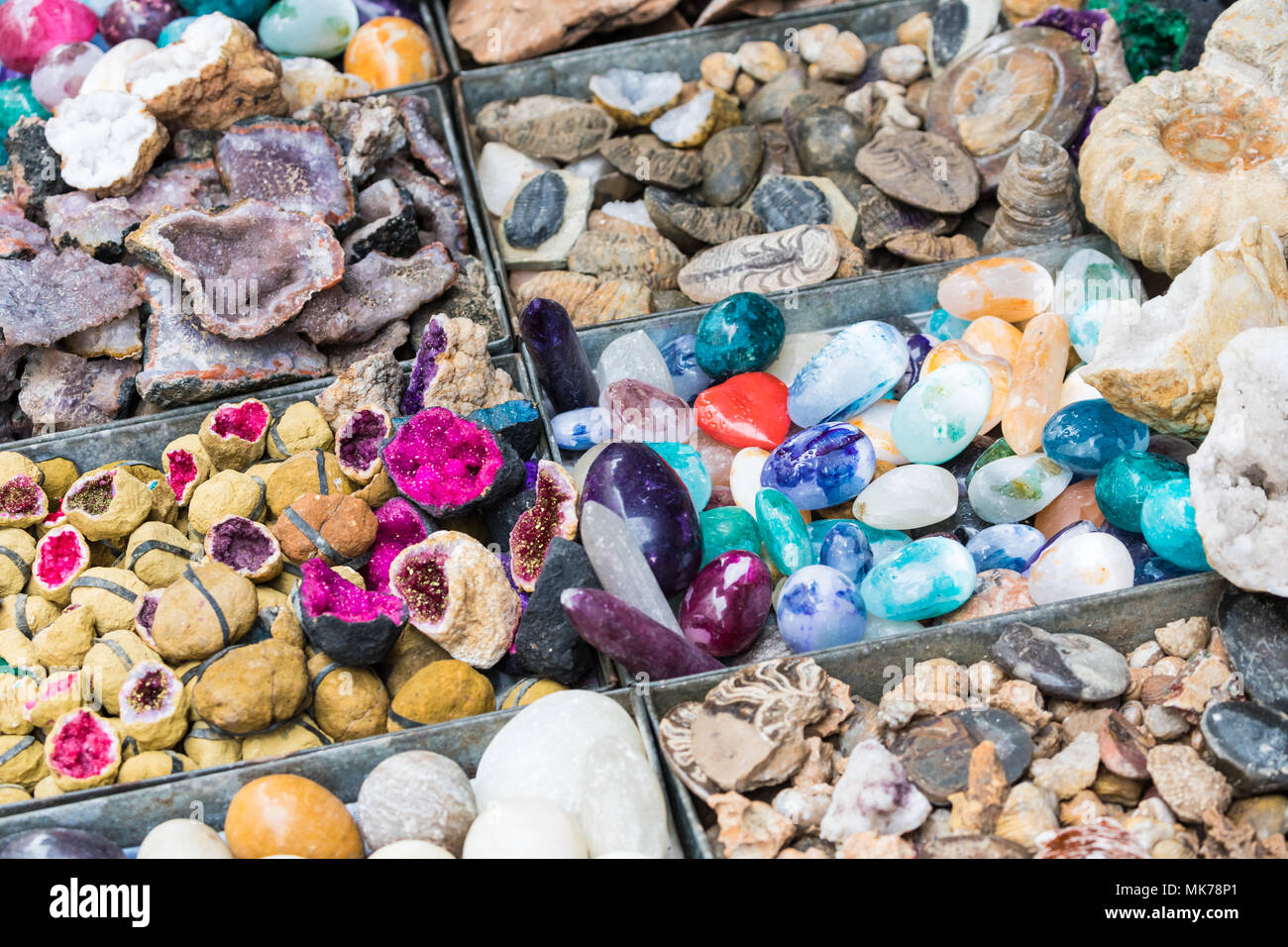Selection of colorful minerals on a traditional Moroccan market (souk ...