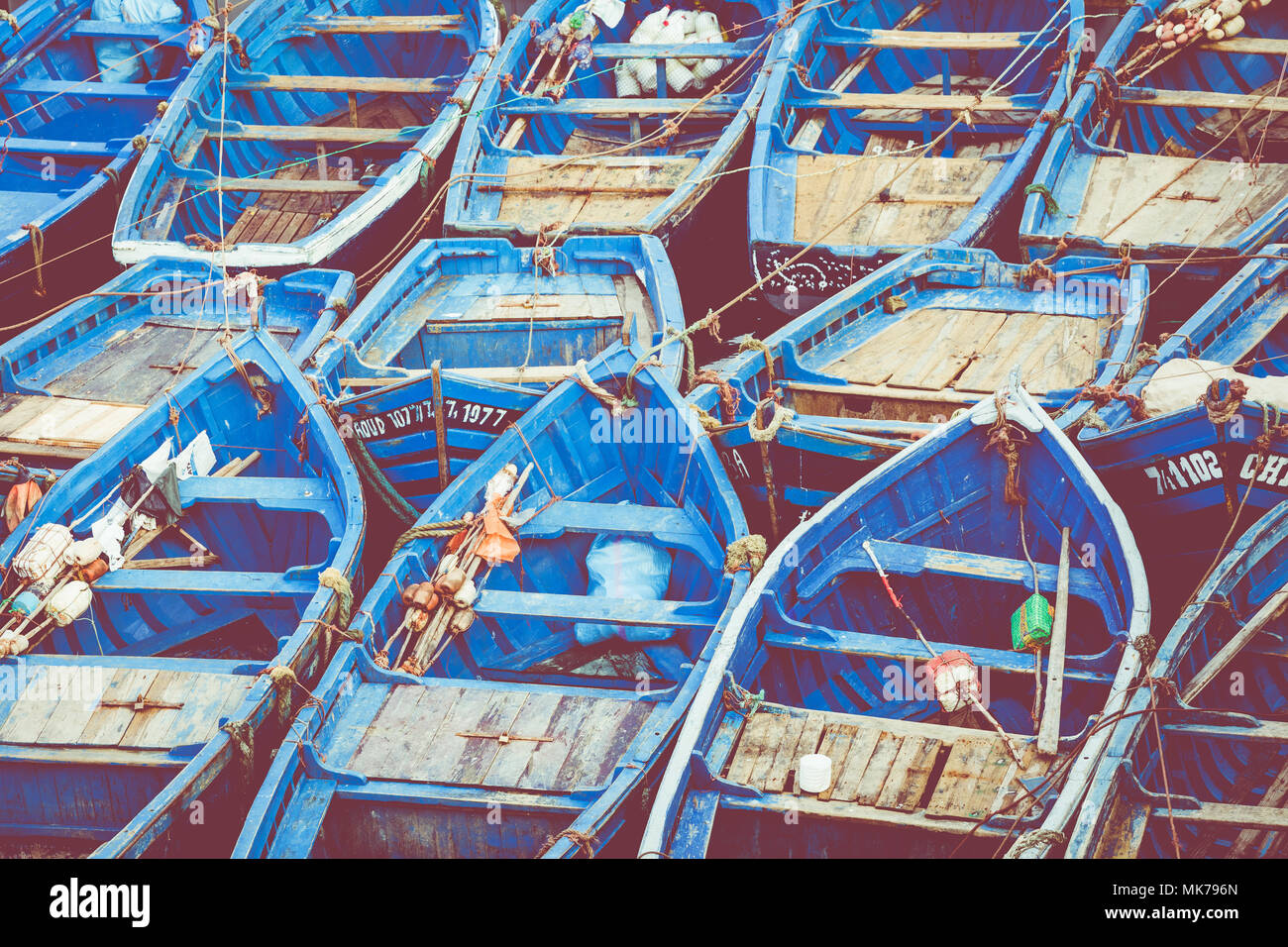 Fishing blue boats in Marocco. Lots of blue fishing boats in the port ...