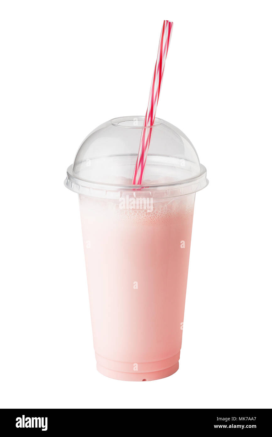 Strawberry milkshake in plastic container isolated on white background ...