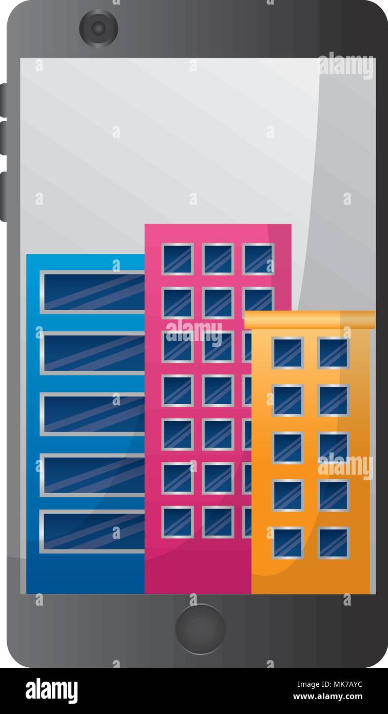 smartphone device with building cityscape scene vector illustration ...
