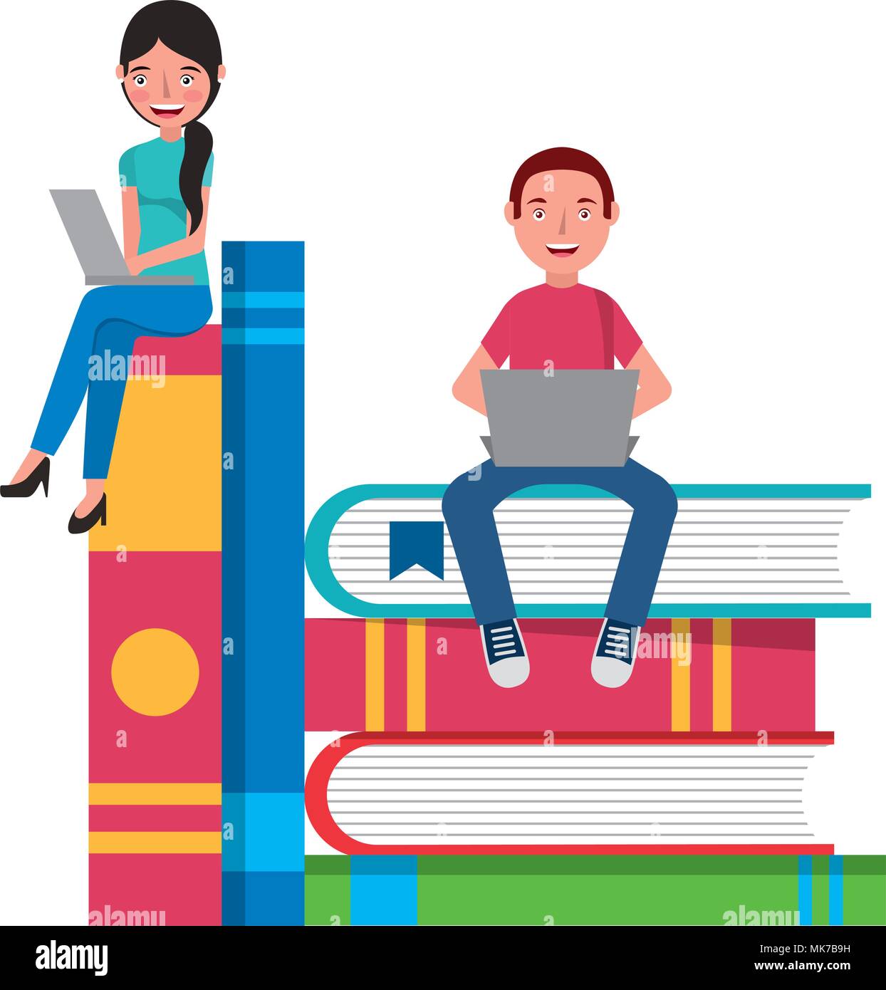 students with text books pile and laptop computer vector illustration ...