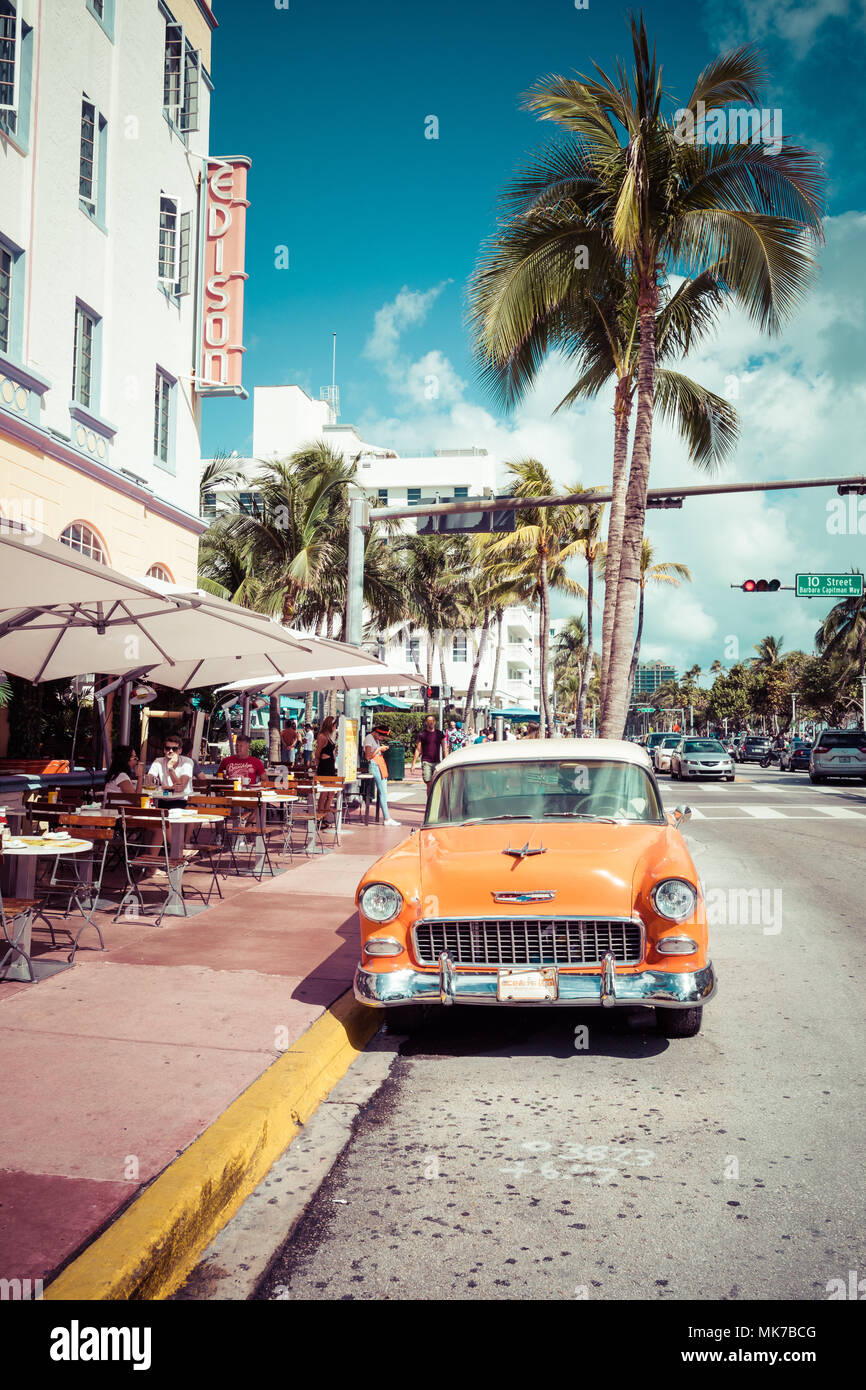 MIAMI BEACH, FLORIDA, USA - FEBRUARY 18, 2018: Vintage Car Parked along ...