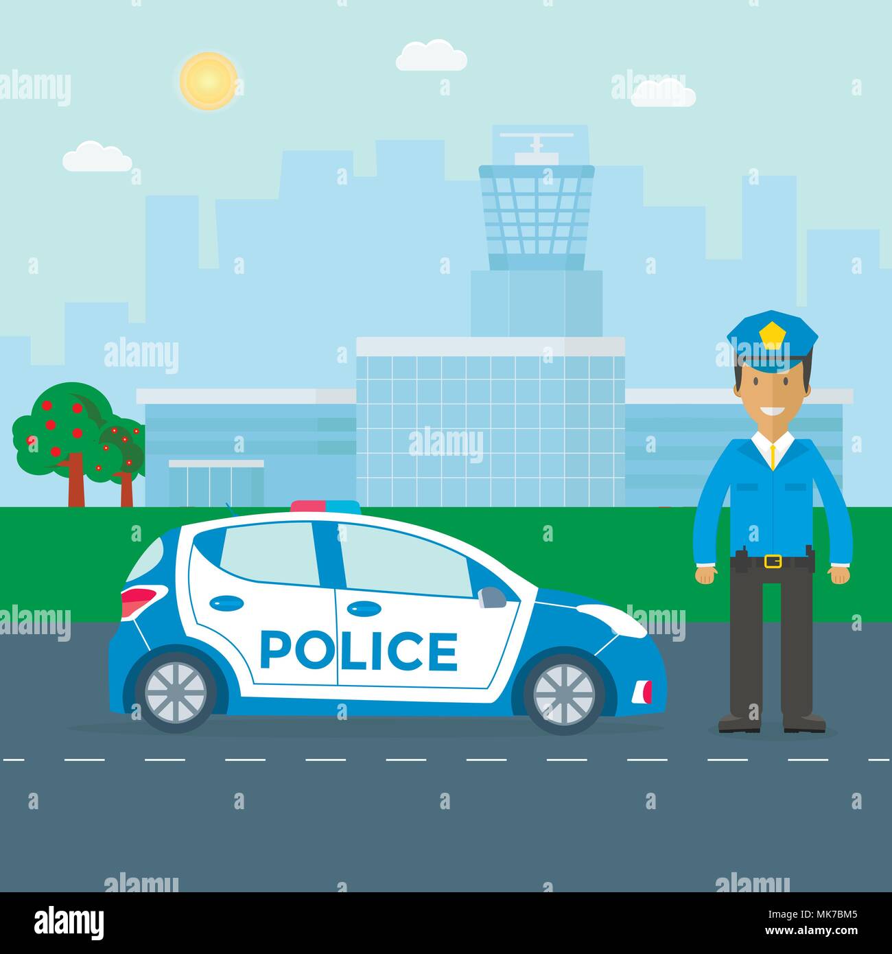 Police patrol on a road with police car, officer, modern building ...