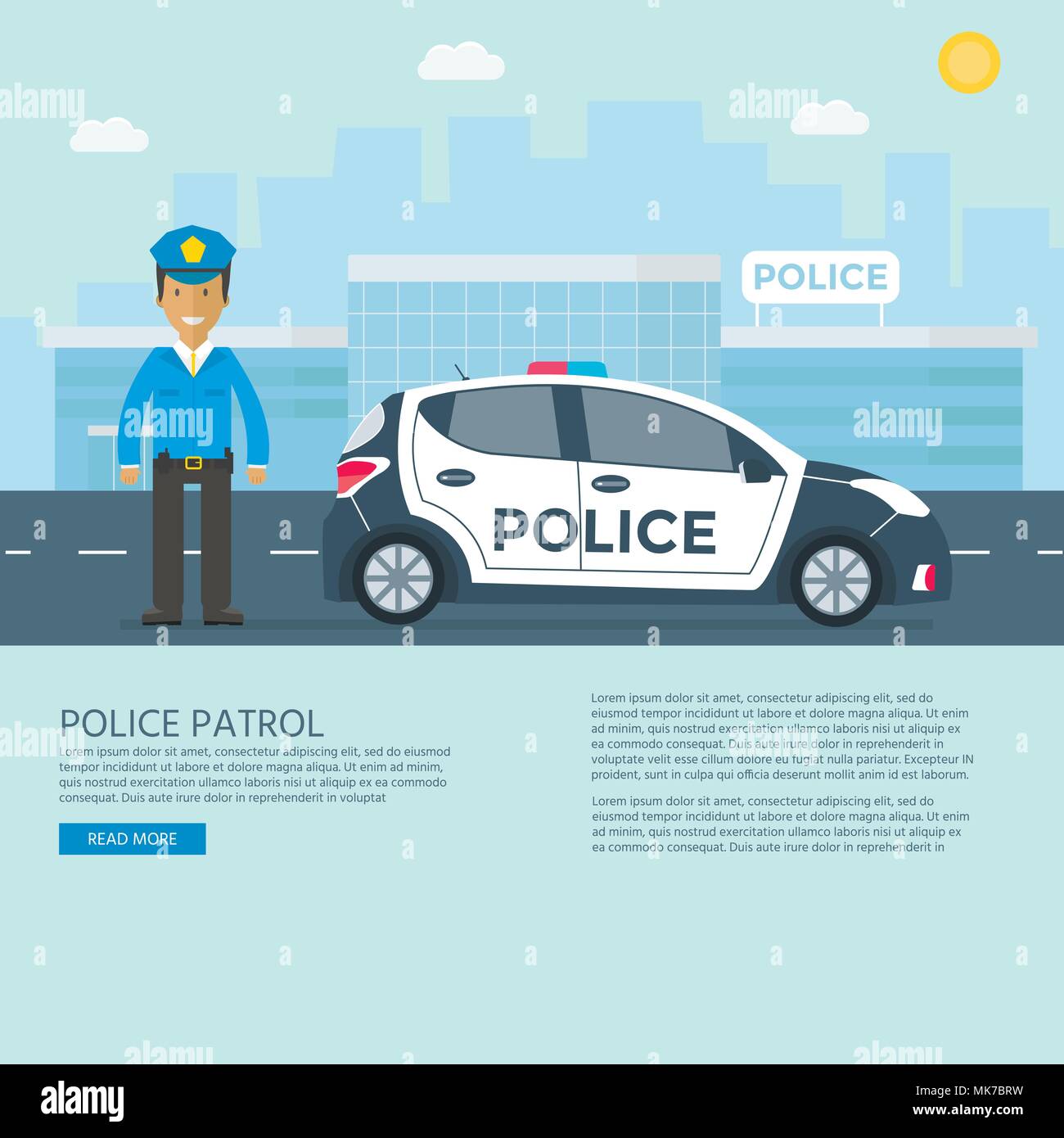 Police patrol on a road with police car, officer, modern building ...