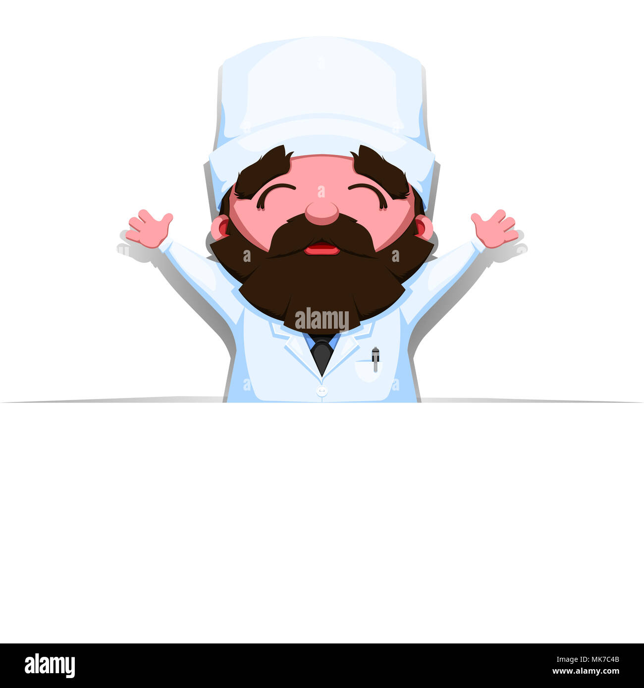 Old man in white lab coat with blank banner. Cartoon doctor with arms ...