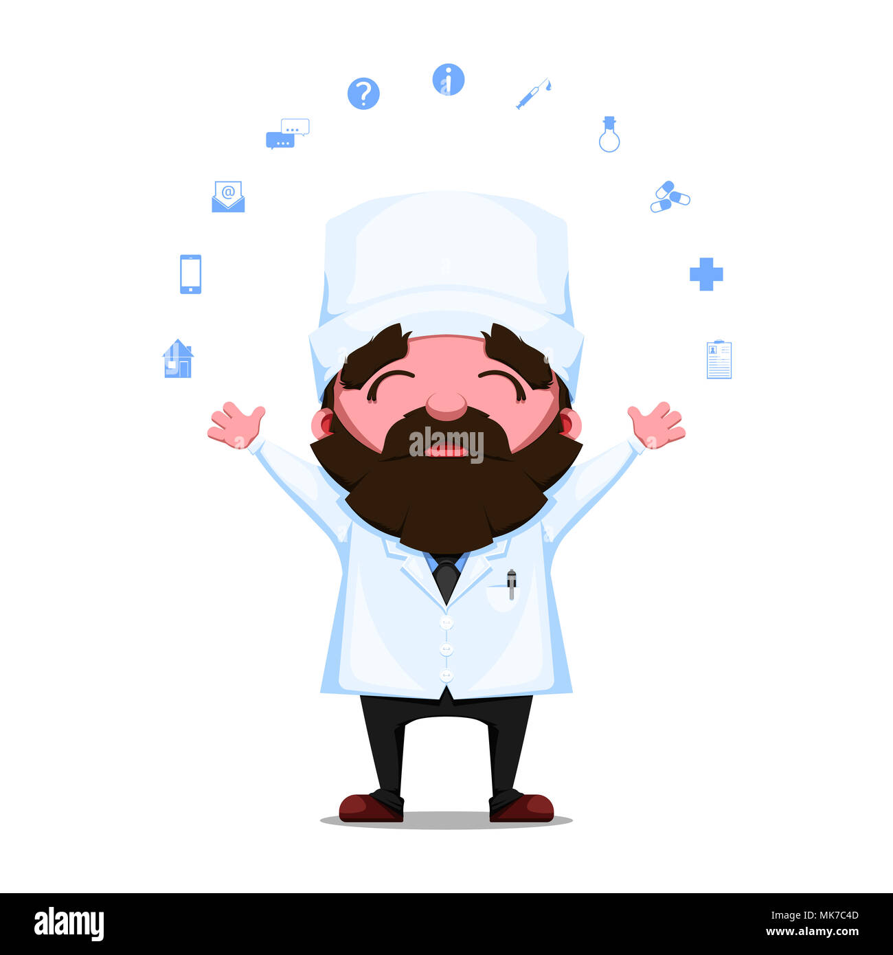 Cute cartoon doctor standing in white lab coat. Joyful health worker ...