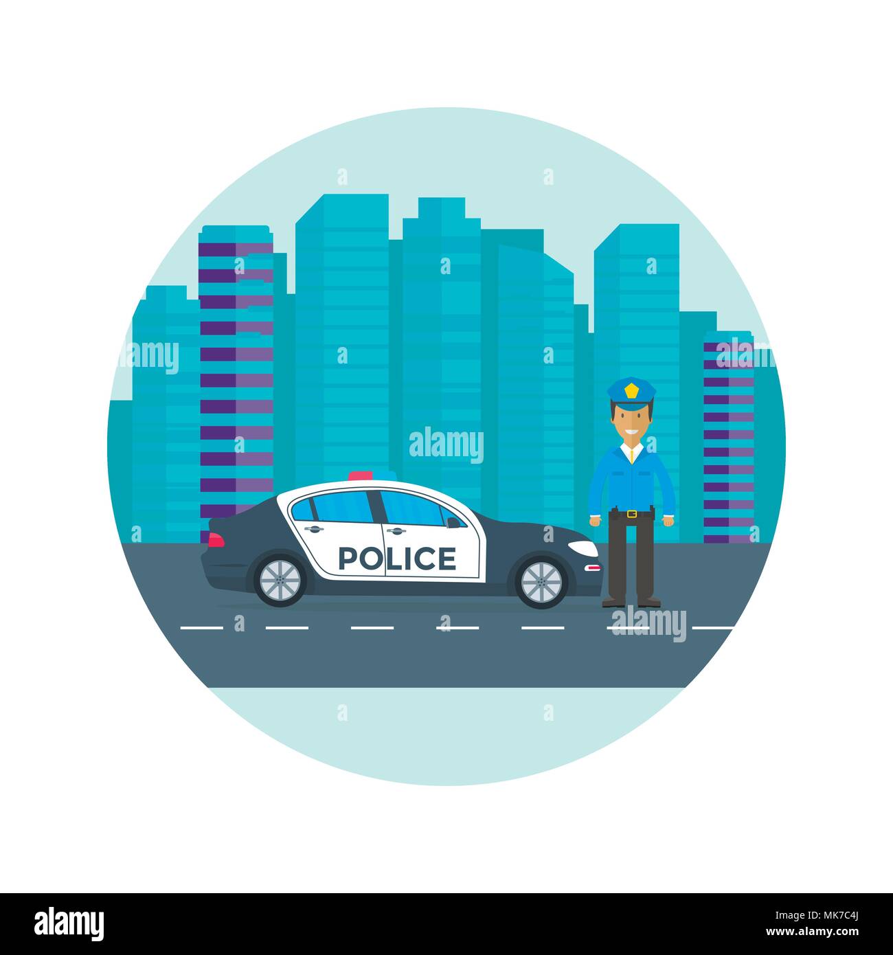 Police patrol on a road with police car, officer, house, nature ...