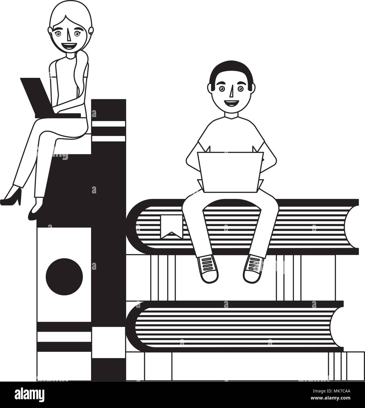 students with text books pile and laptop computer vector illustration ...