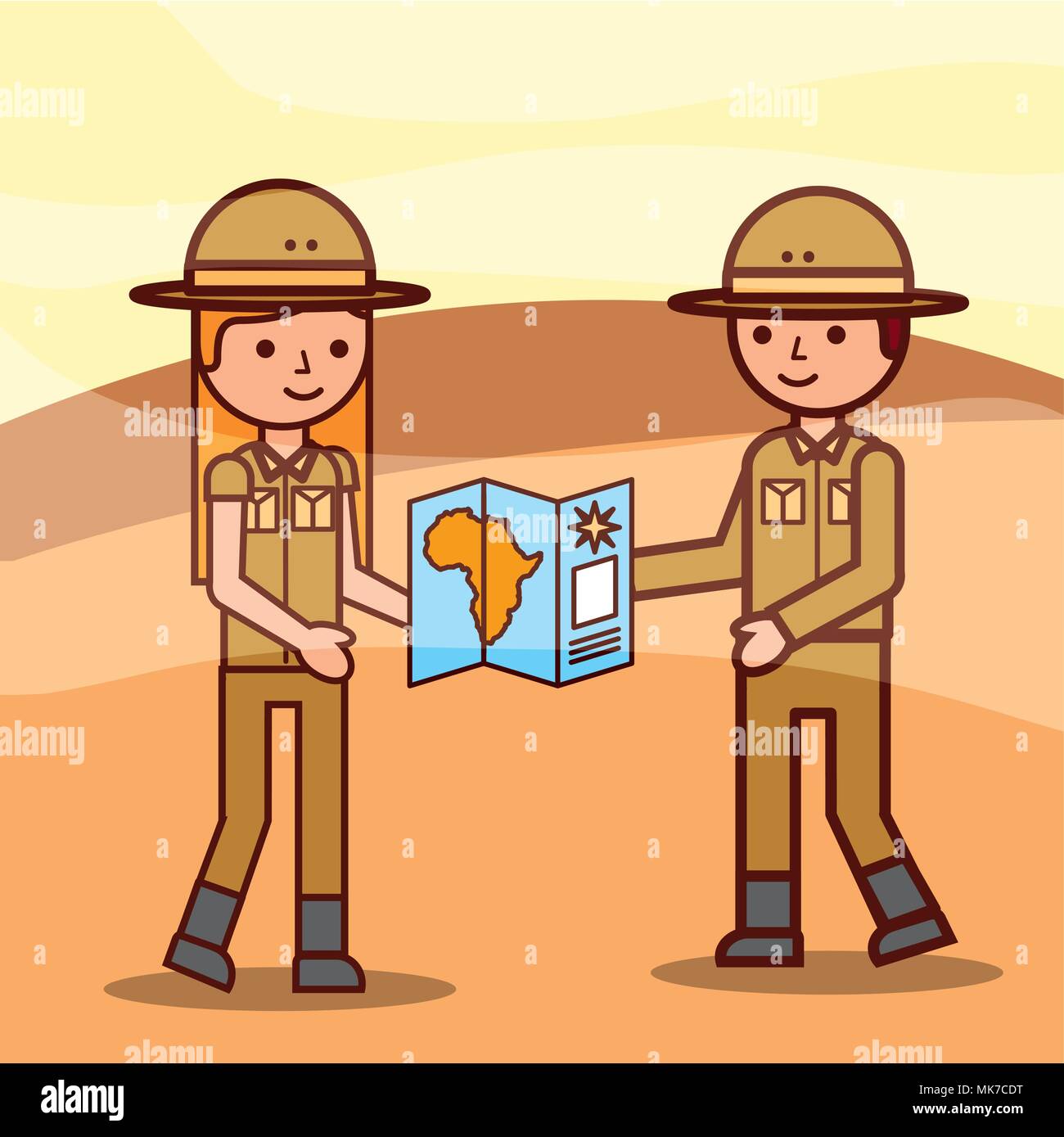girl and boy explorer safari with african map vector illustration Stock ...