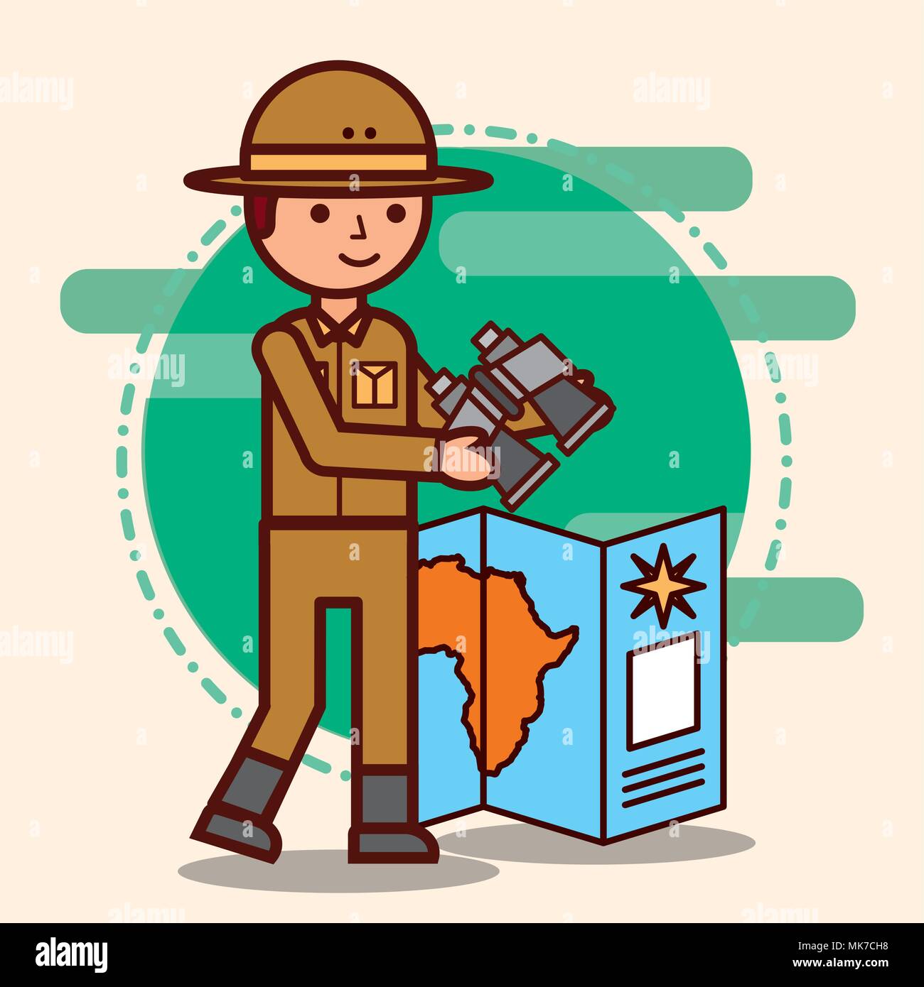 safari boy explorer with african map and binoculars vector illustration ...