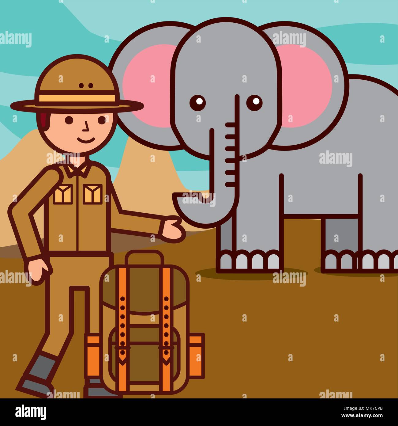 safari boy explorer with backpack and elephant african animal vector ...