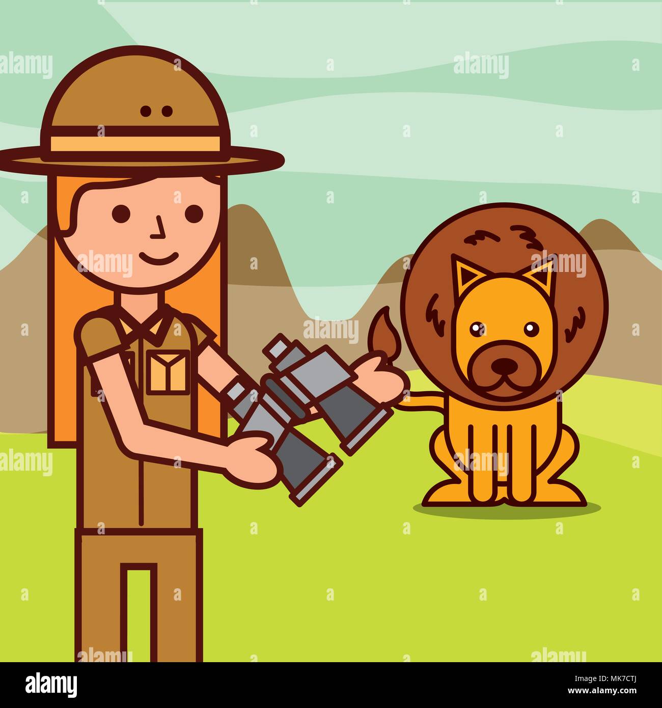 safari girl explorer holds binoculars and sitting lion african vector ...