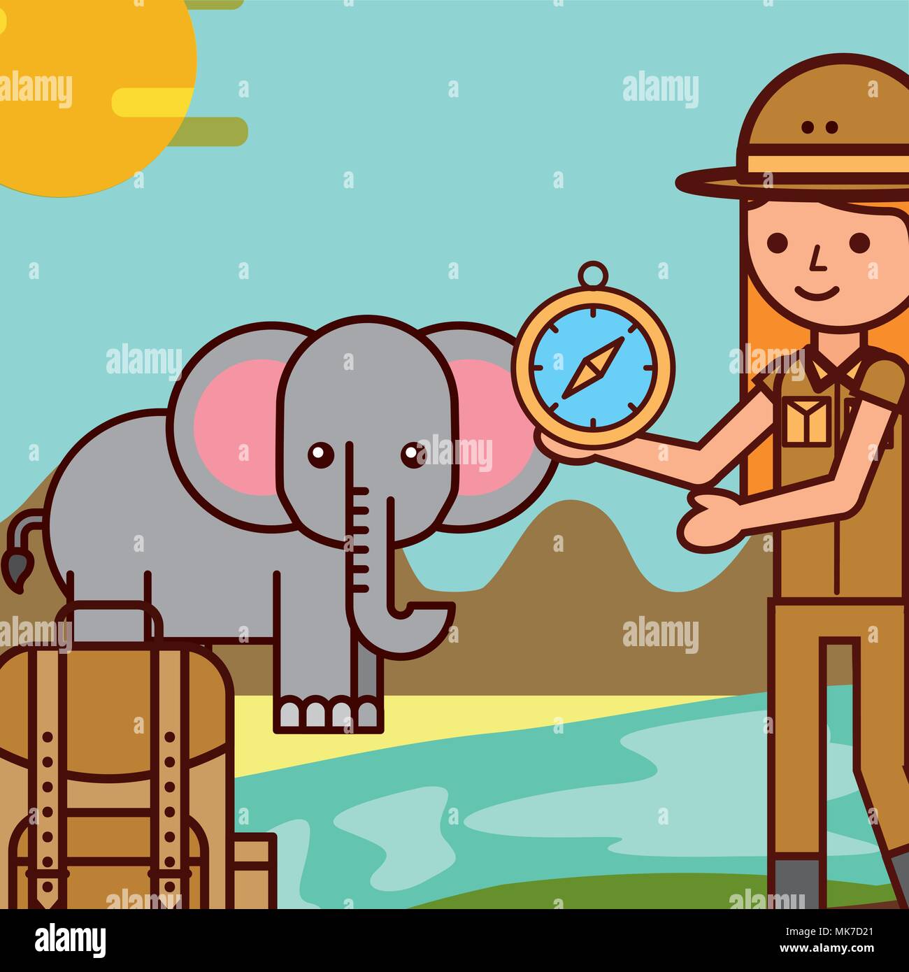 safari girl explorer holds compass backpack and african elephant in ...