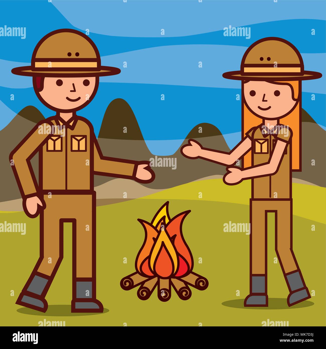 safari girl and boy explorer with campfire in africa vector ...