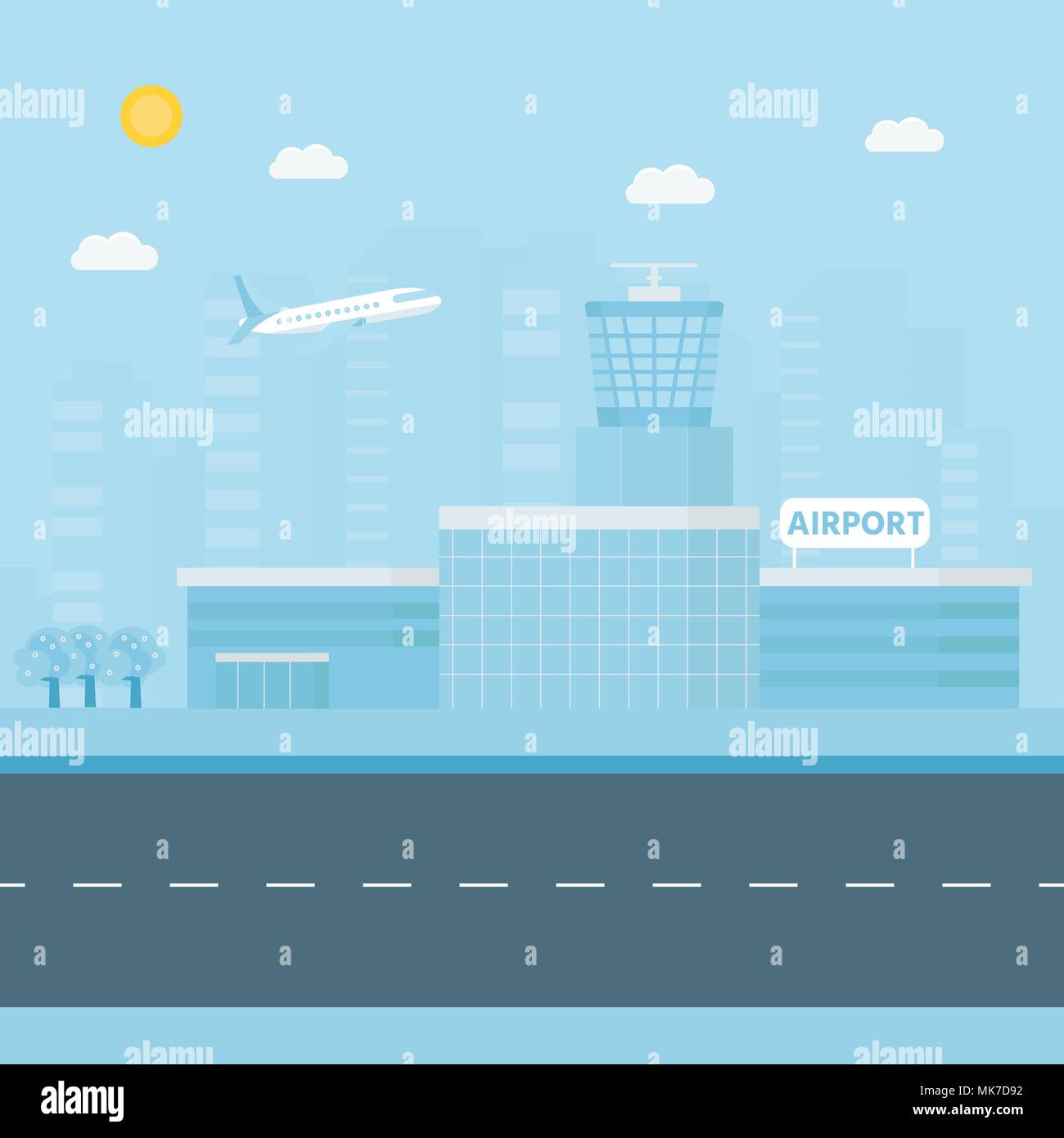 Banner with airport terminal in the background with city skyline ...