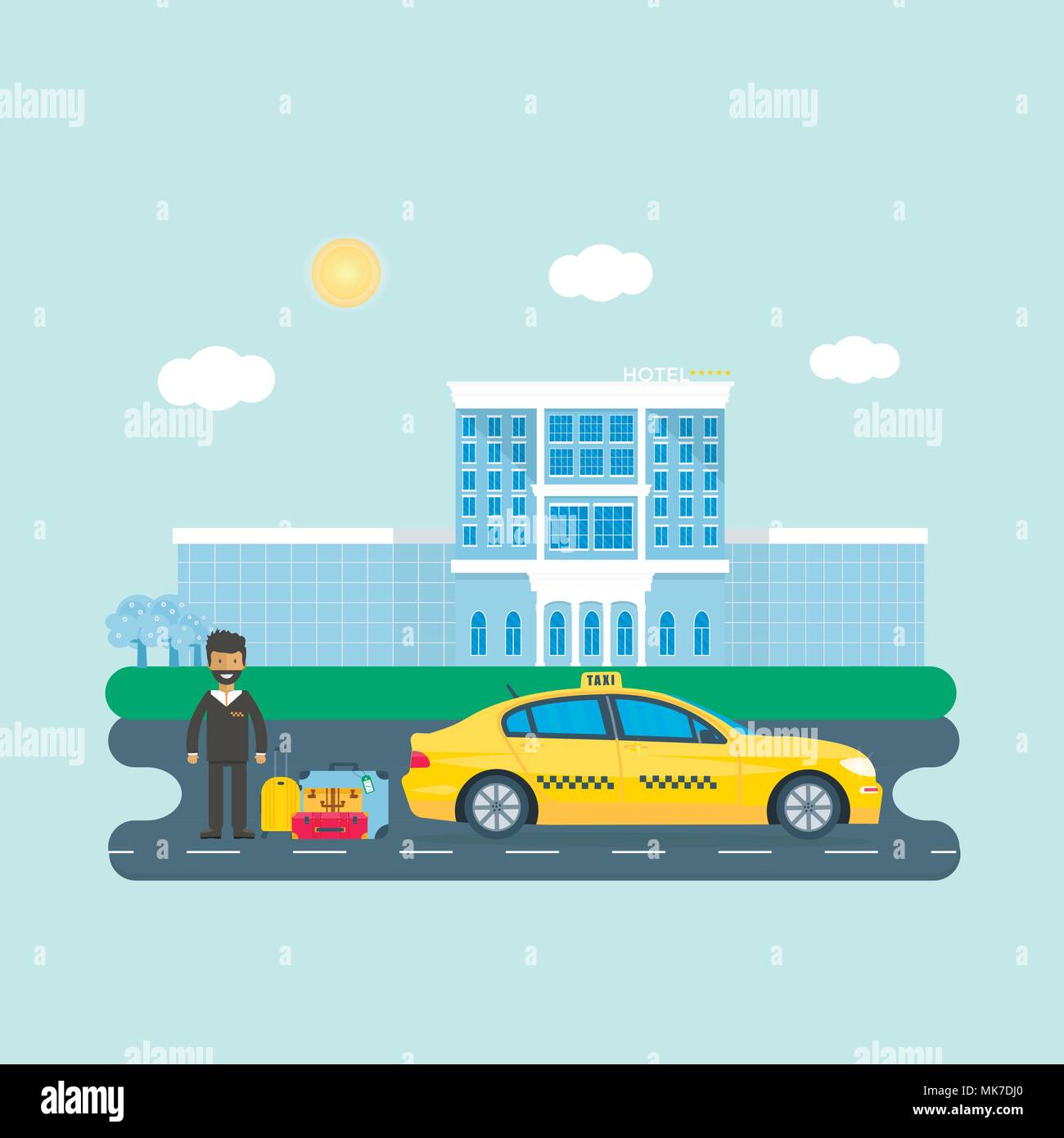 Machine yellow cab with driver, baggage, hotel in the city. Public taxi ...