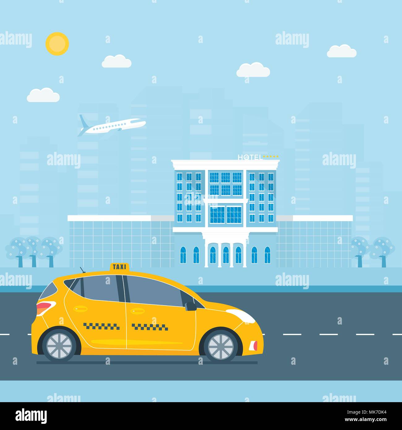 Machine yellow cab, hotel in the city. Public taxi service concept ...