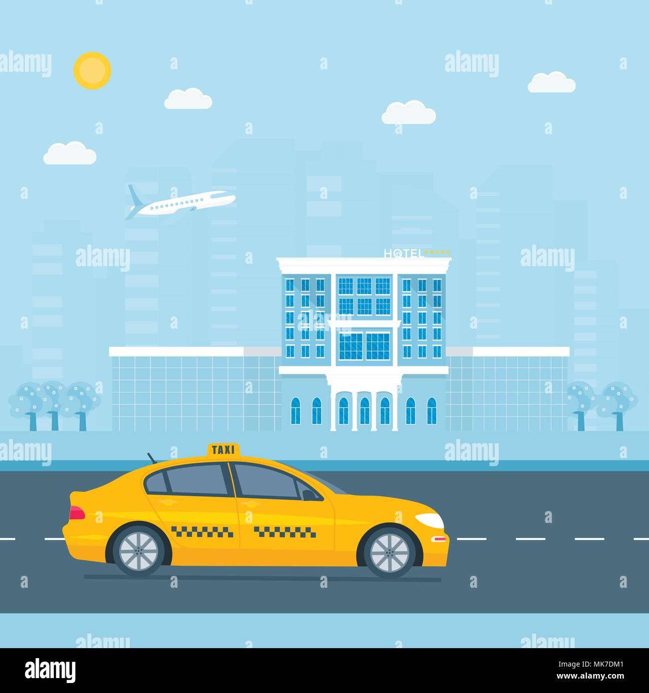 Machine yellow cab, hotel in the city. Public taxi service concept ...