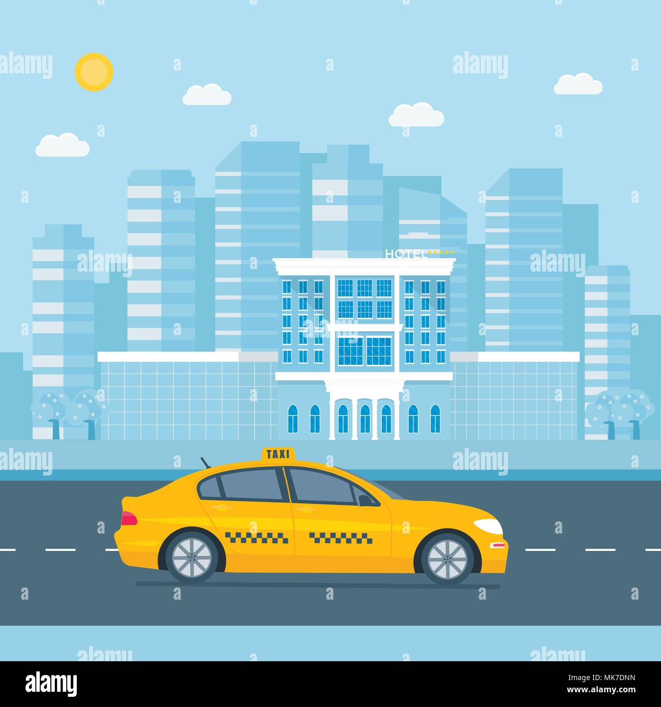 Machine yellow cab, hotel in the city. Public taxi service concept ...