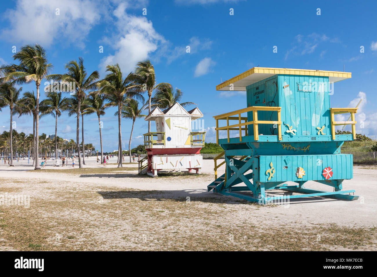 USA, FLORIDA, MIAMI. February 18, 2018. Lifeguard tower in a colorful ...