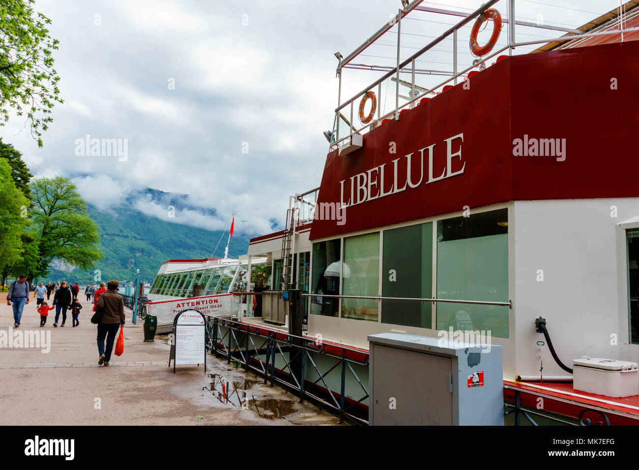 France, Annecy - May 01, 2018: Boats moored along Lake Annecy used to ...