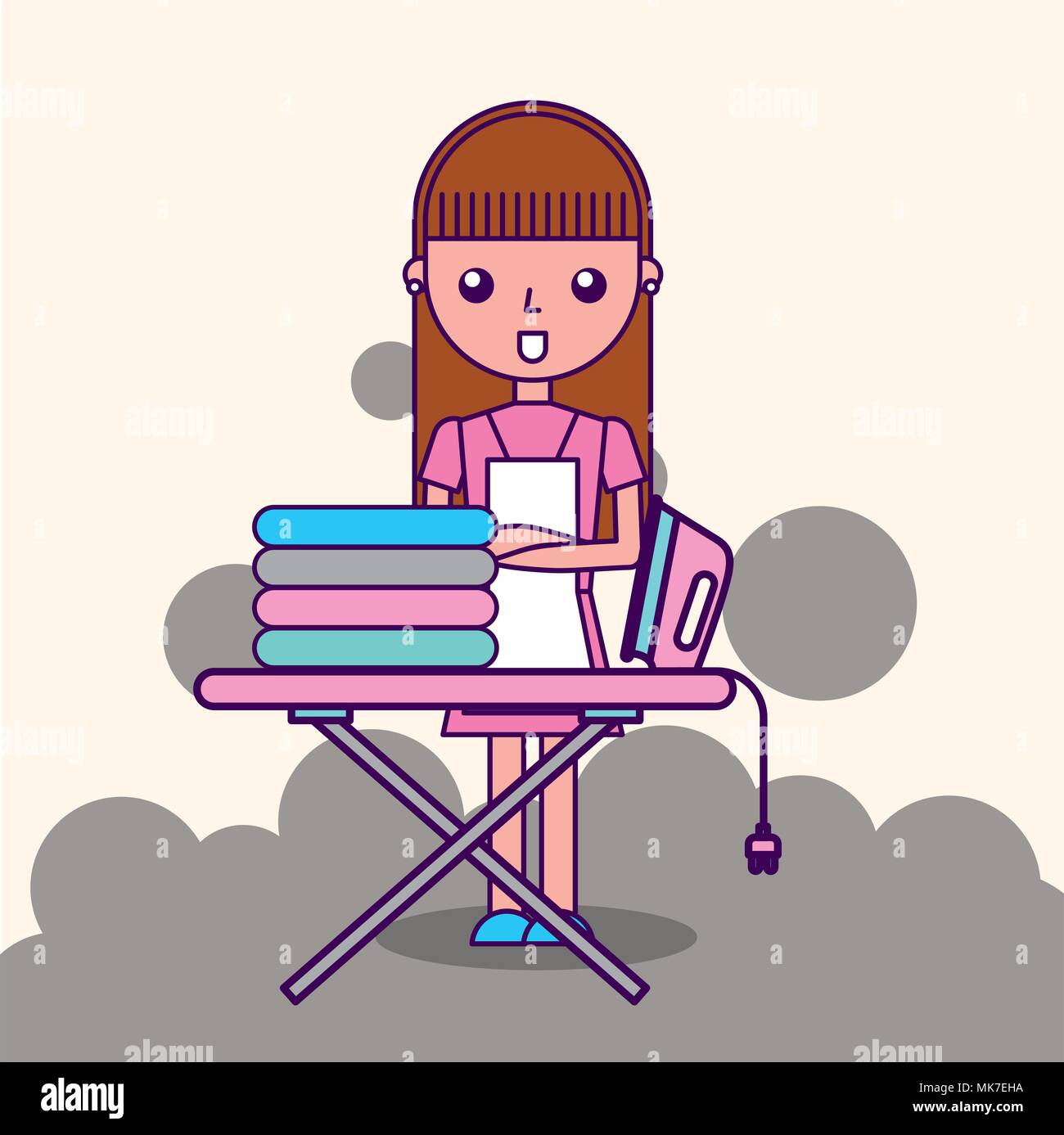 laundry cleaner girl cartoon ironing board vector illustration Stock ...
