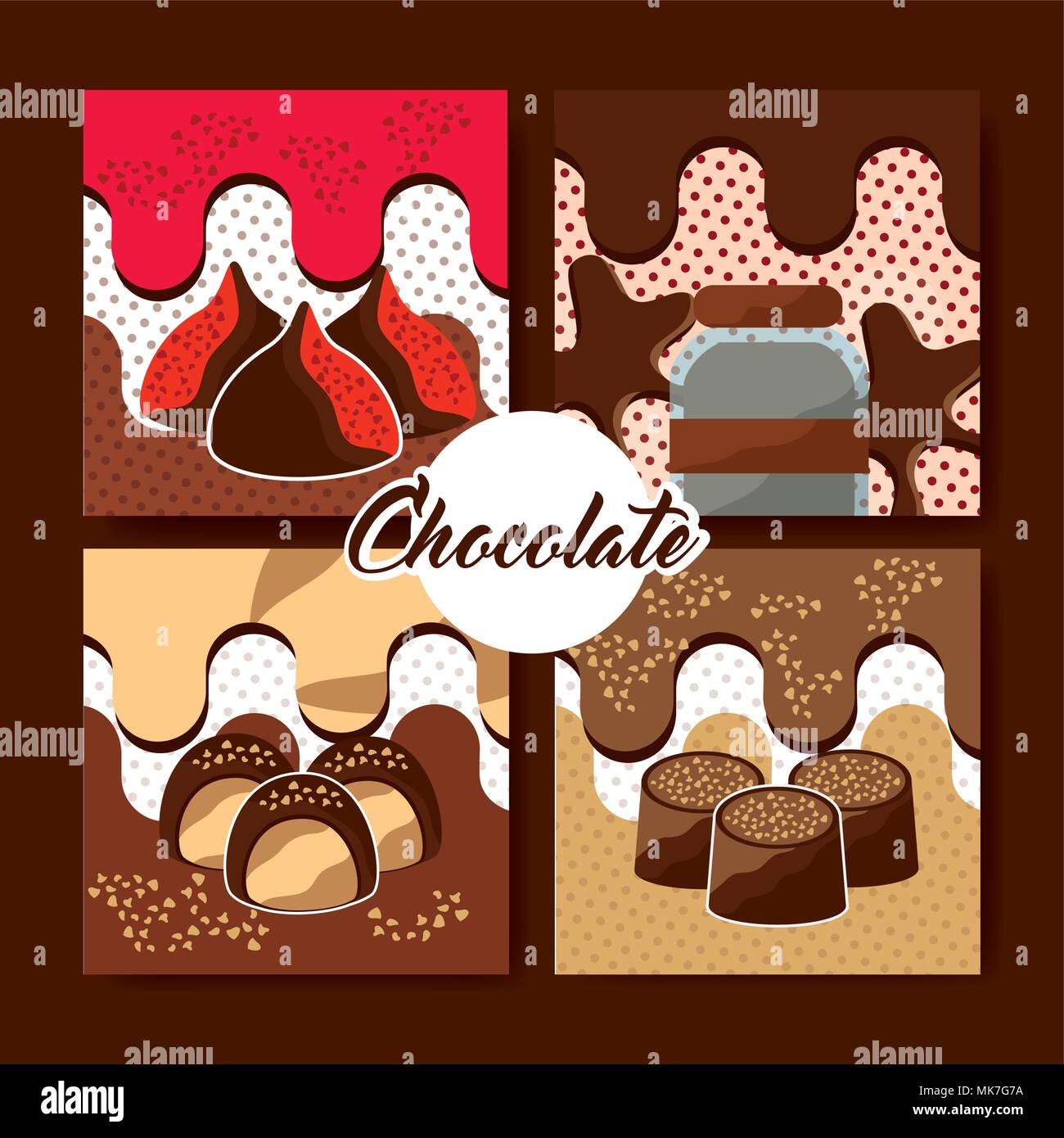 chocolate set of candies melted and dots style card vector illustration ...
