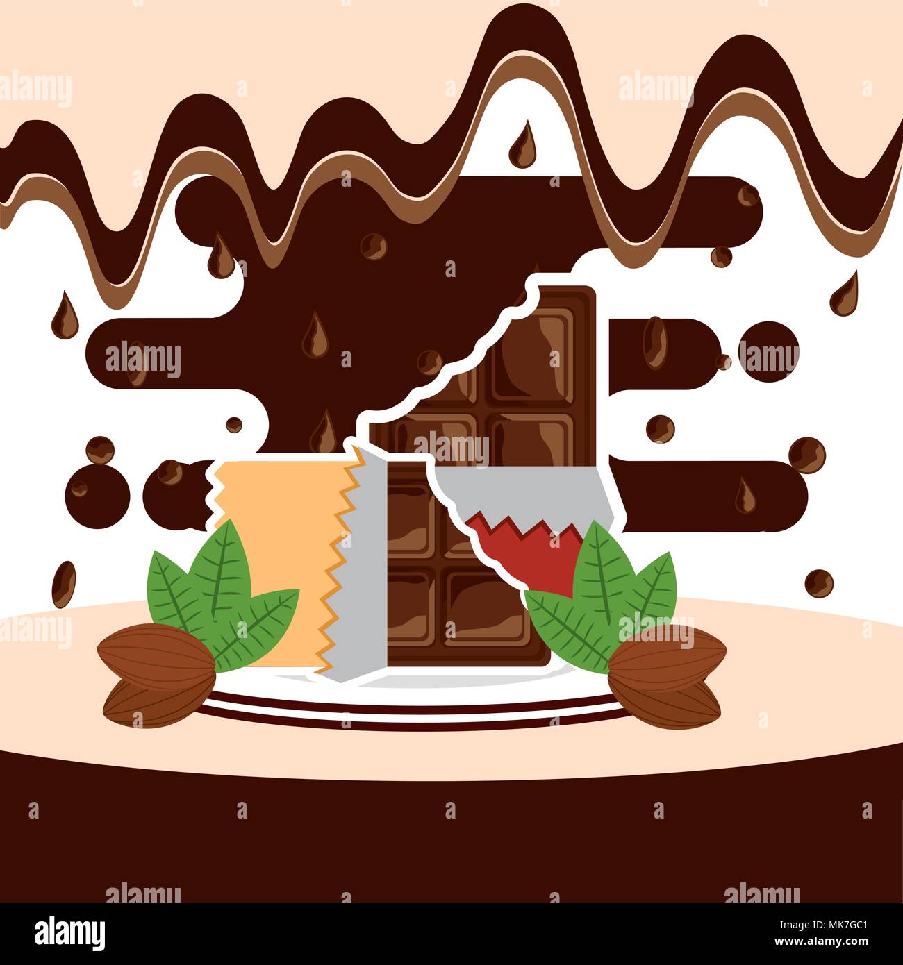bite chocolate bars on dish melted drops background vector illustration ...
