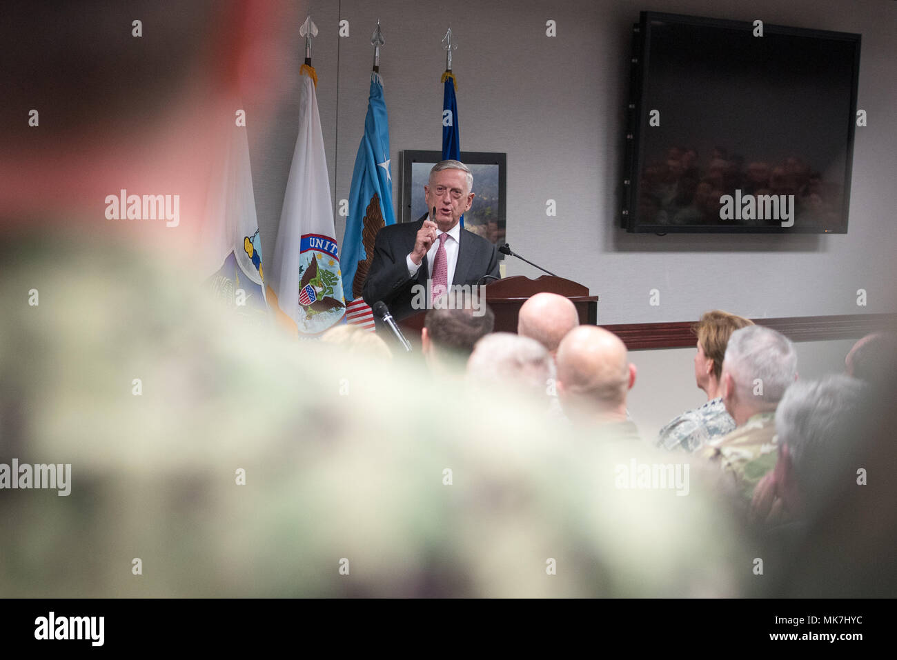 Defense Secretary Jim Mattis speaks during a town hall at U.S. Northern ...