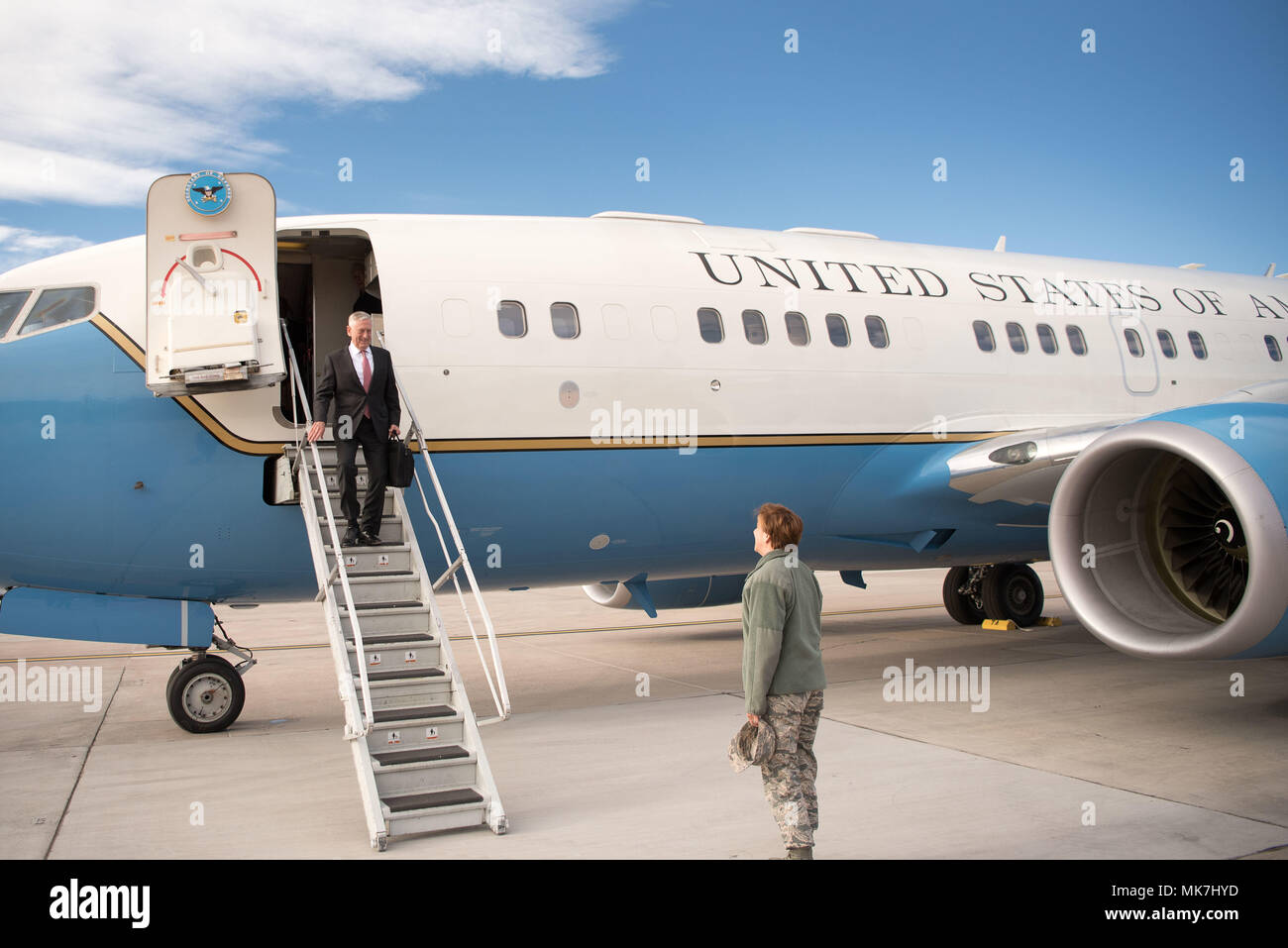 Defense Secretary Jim Mattis arrives at Peterson Air Force Base, Co ...