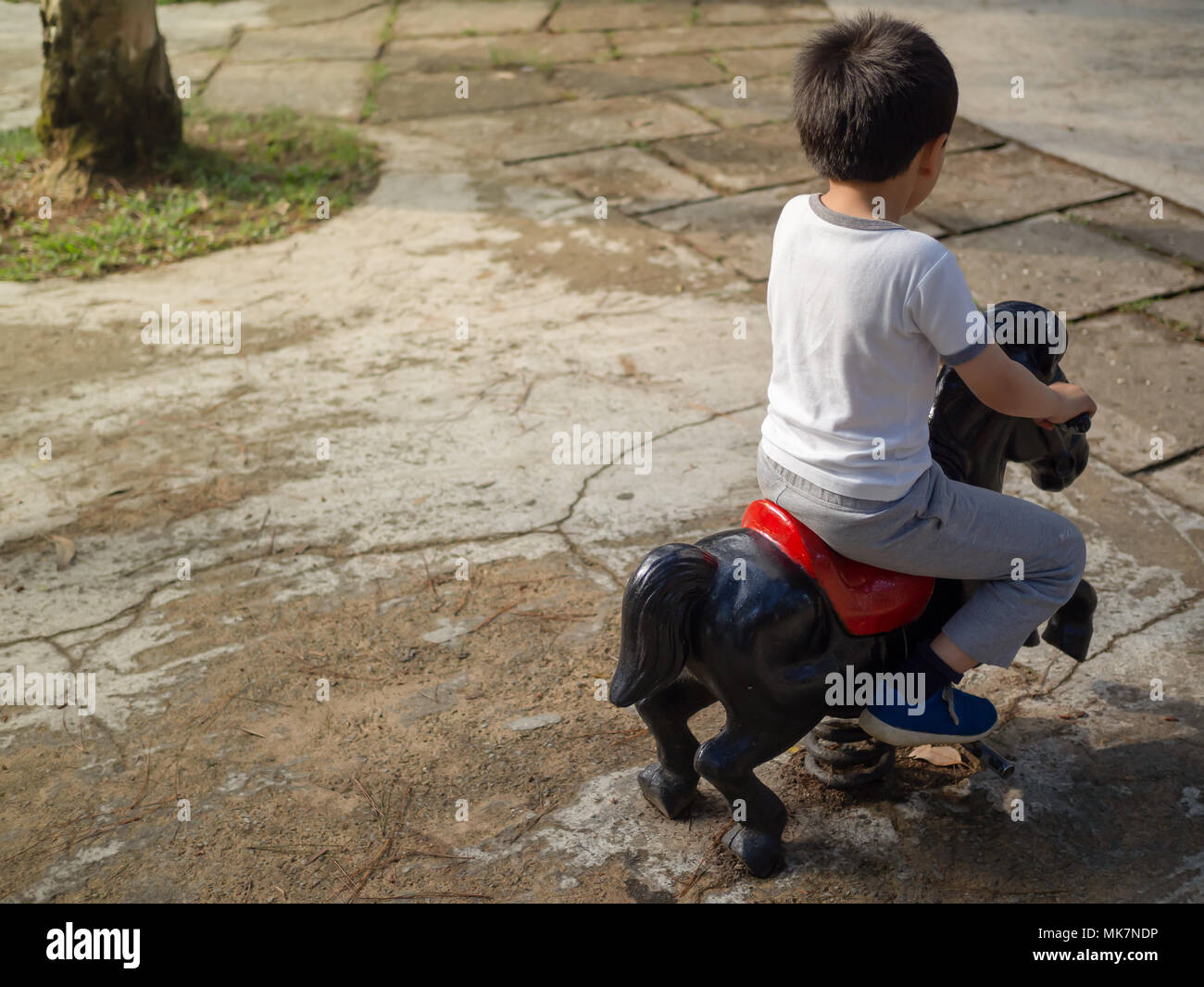 Little Boy Playing on the Small Black Wooden Rocking Horse in The Park ...
