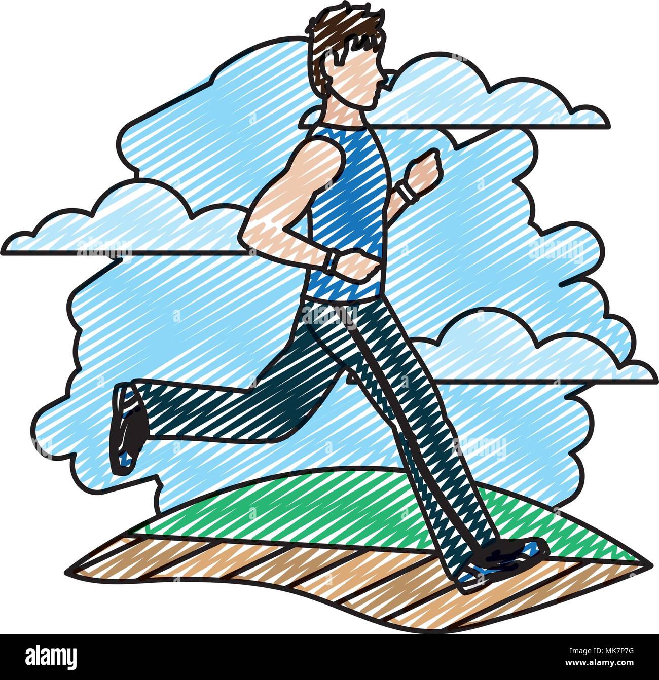 doodle fitness man running training in the landscape Stock Vector Image ...