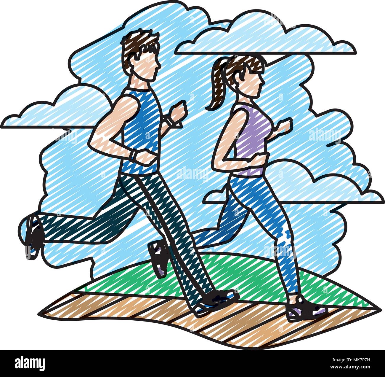 doodle fitness woman and man running training Stock Vector Image & Art ...