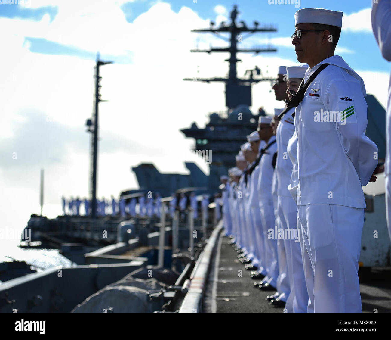 U.S. Sailors man the rails aboard the aircraft carrier USS Nimitz (CVN ...