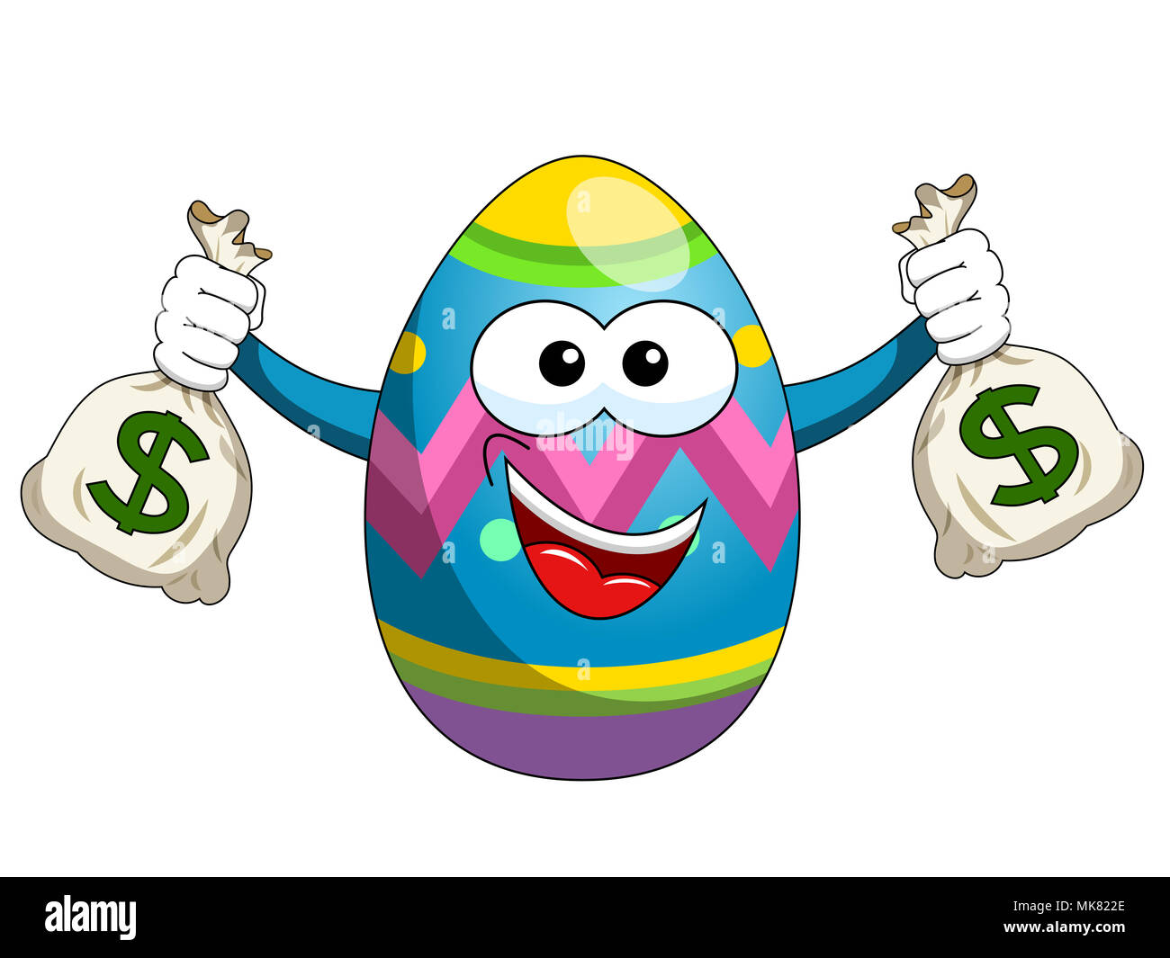 Decorated mascot easter egg holding sacks of money isolated on white ...