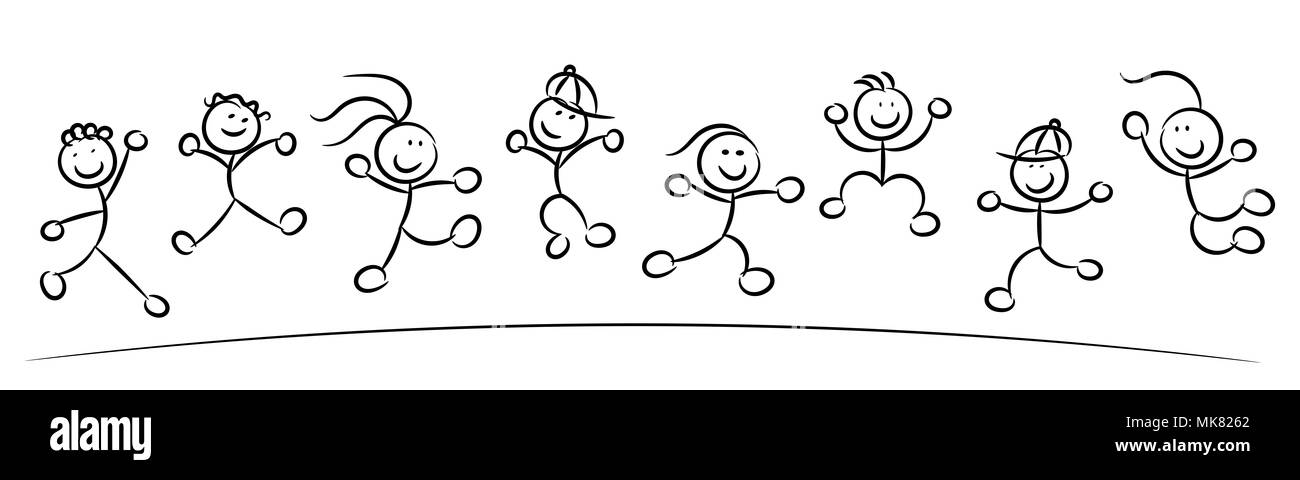 happy kids or children jumping sketch isolated on white Stock Photo - Alamy