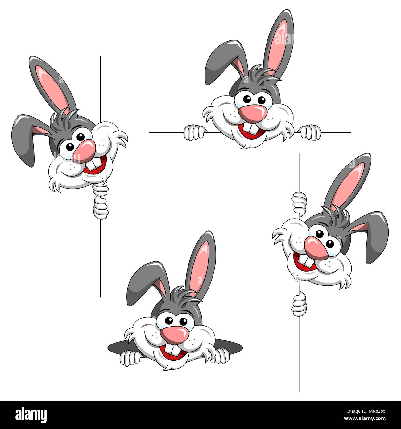 Set of cartoon funny character or mascot rabbit peeking behind poster ...