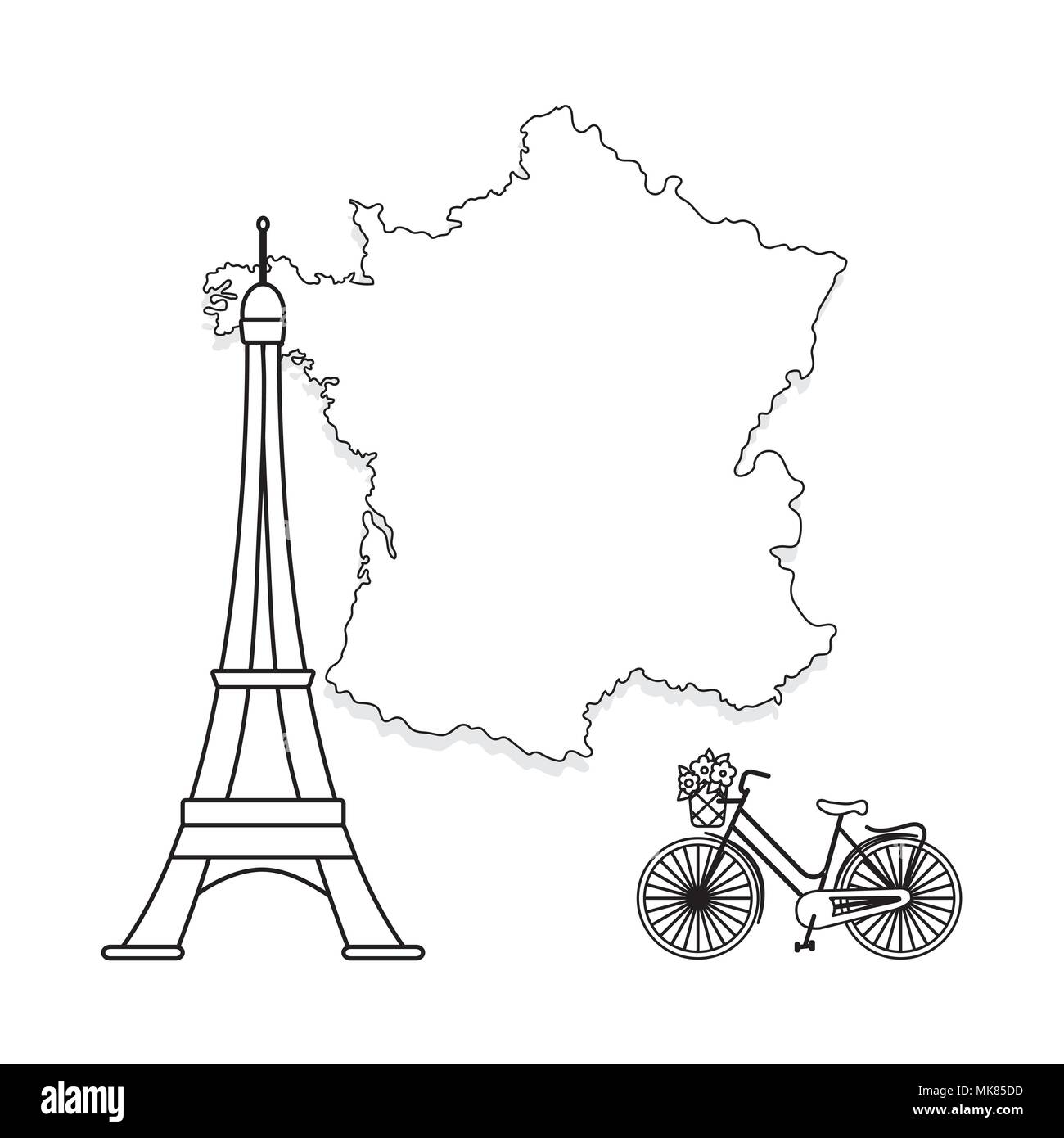 Map of France, famous tower of Paris, bicycle with a basket of flowers ...