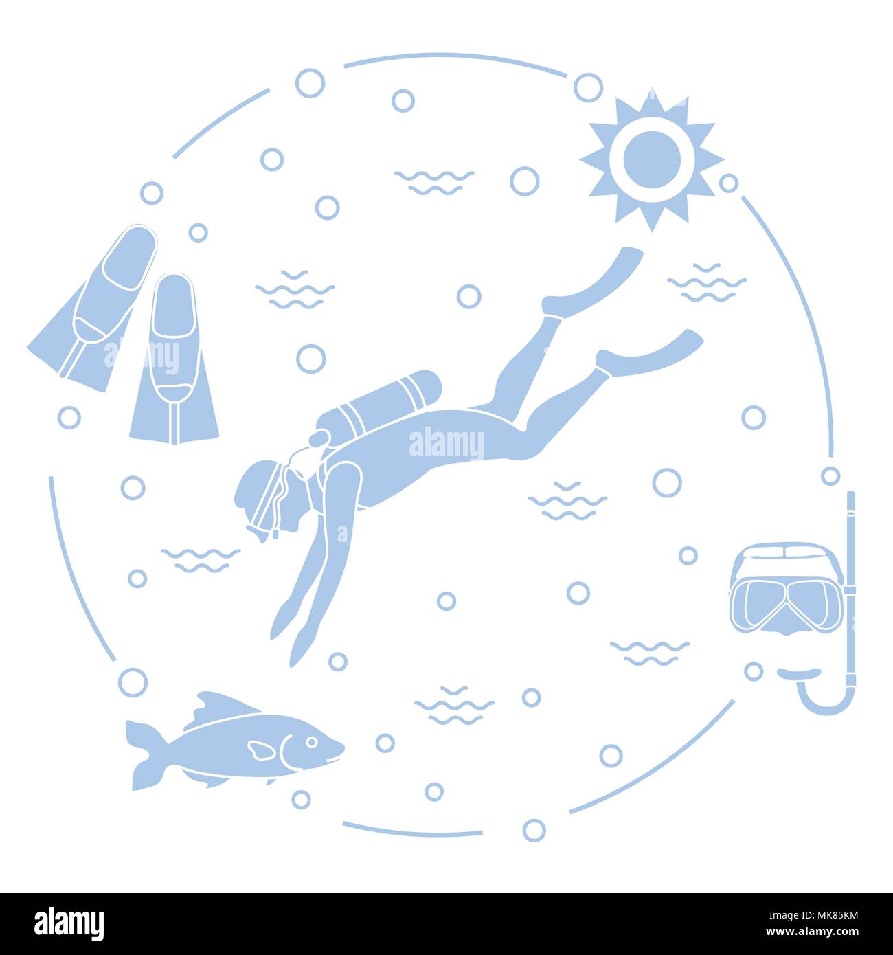 Mask, snorkel, flippers, sun, fish, scuba diver. Sports and recreation ...