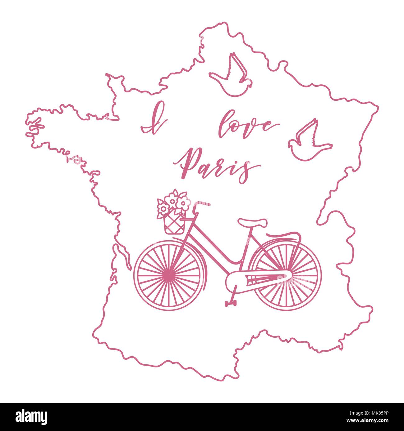Map of France, bicycle with a basket of flowers, pigeons. Travel and ...