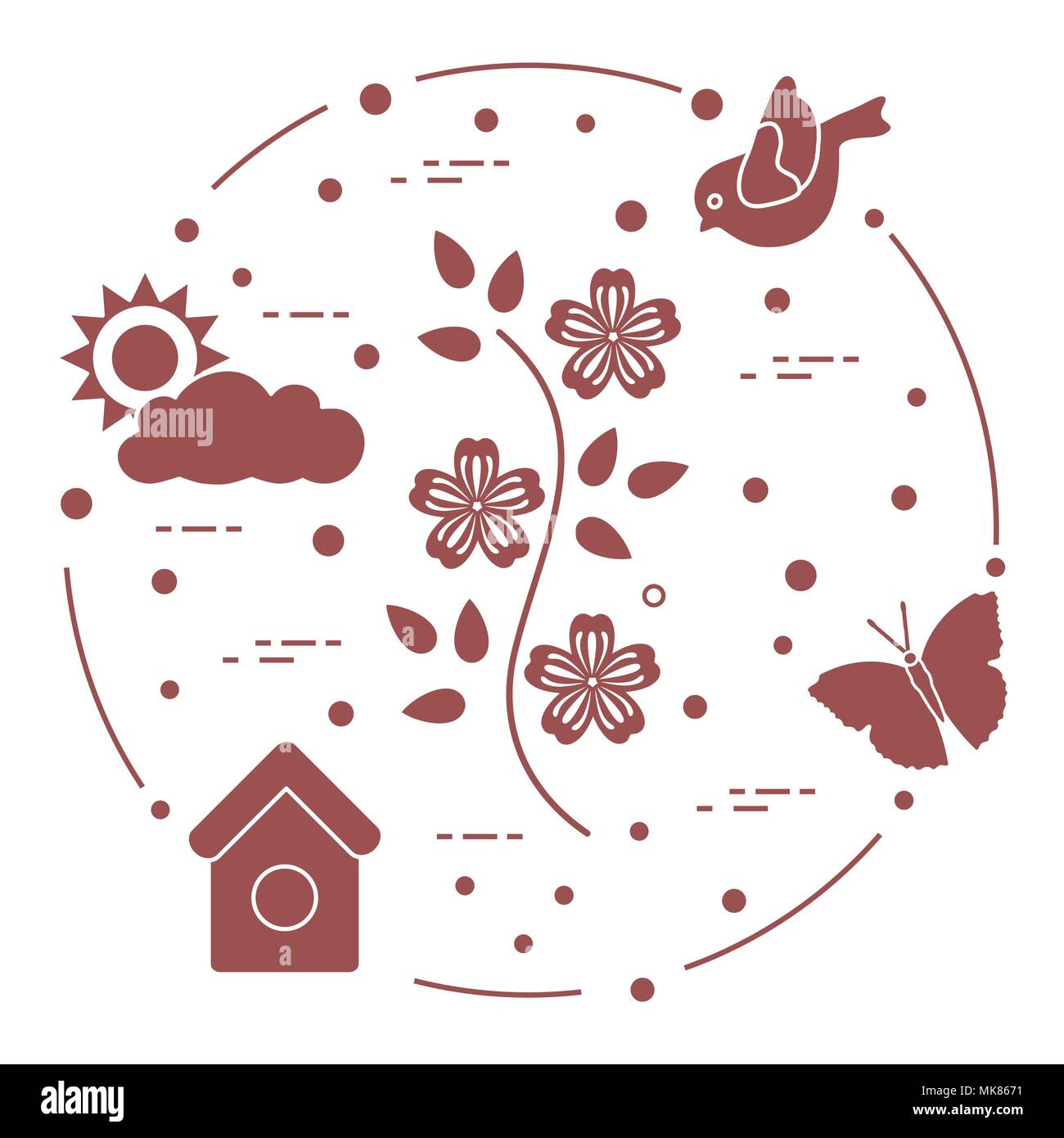 Sun, cloud, bird, flower, butterfly, birdhouse. Spring theme. Template ...