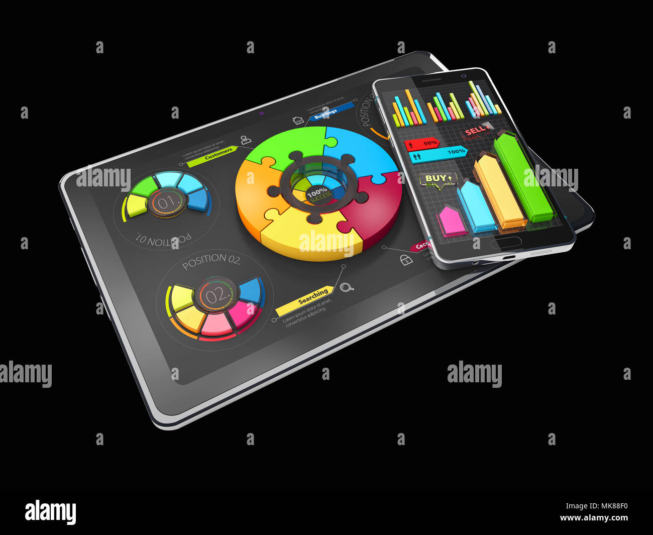 3D Illustration of Creative colorful pie chart on the tablet, business ...