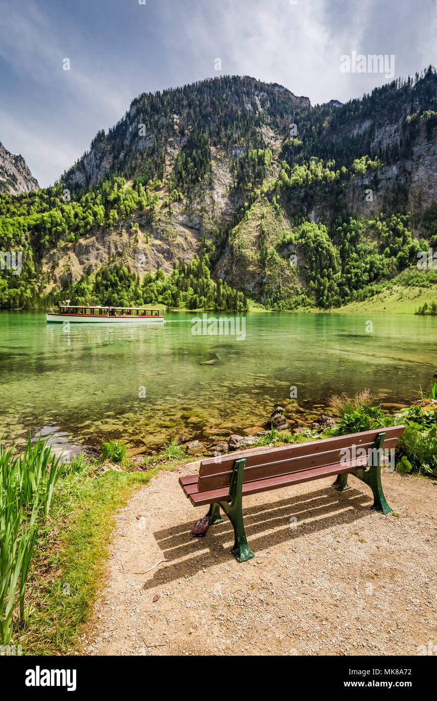 Small wooden bench at the Konigssee lake, Alps, Germany Stock Photo - Alamy