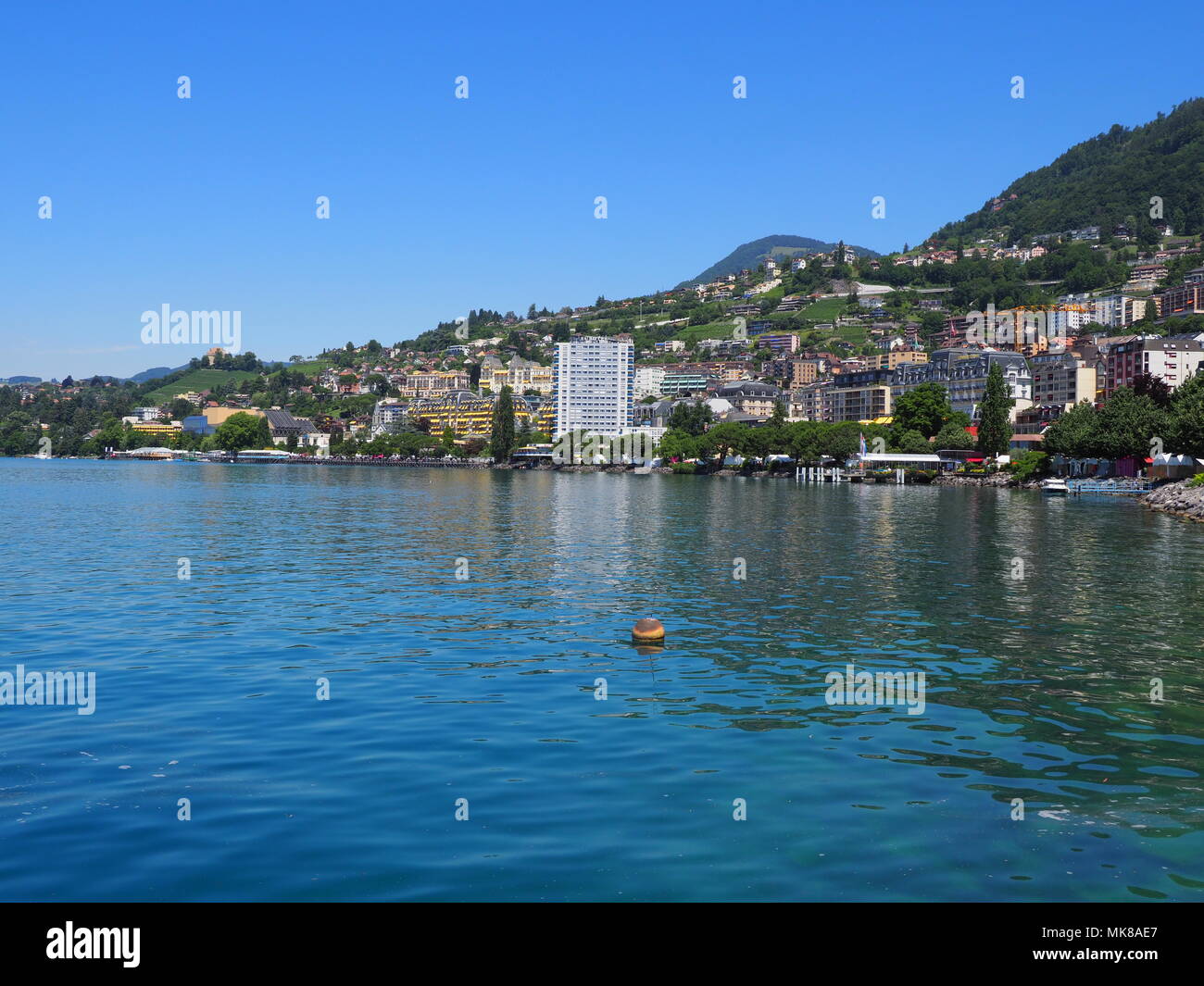 Panorama of buildings at Lake Geneva landscapes and swiss promenade in ...