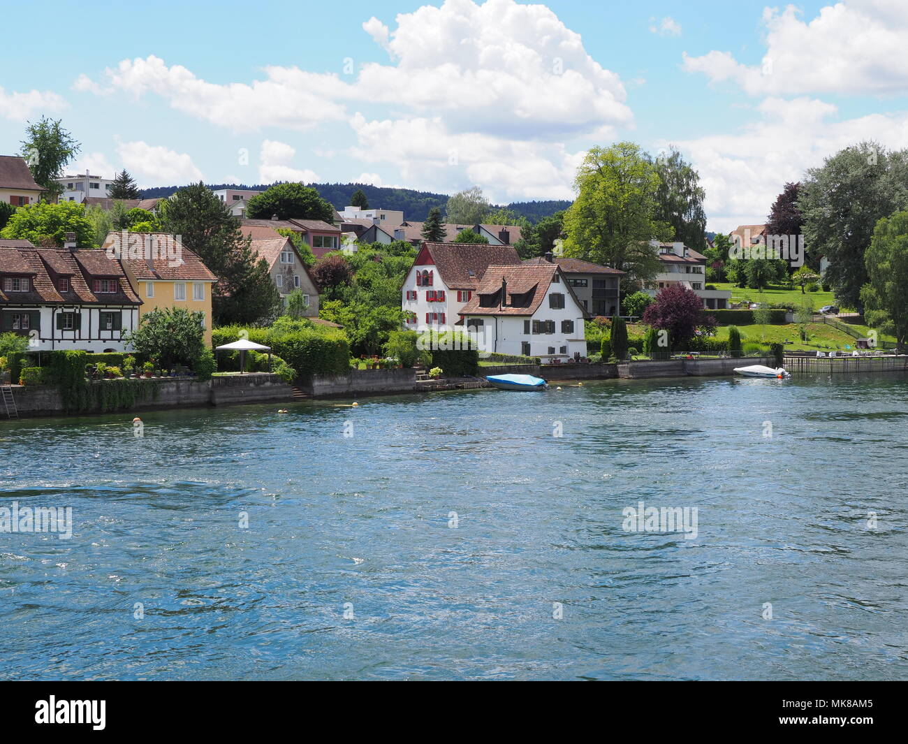 Fairy-tale european STEIN am RHEIN town in SWITZERLAND and Rhine River ...