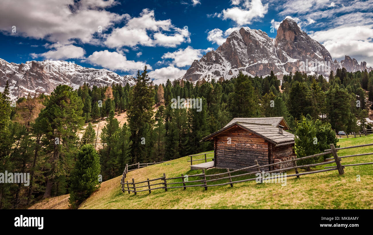 Beautiful wooden cottage in Dolomites in spring, Italy Stock Photo - Alamy