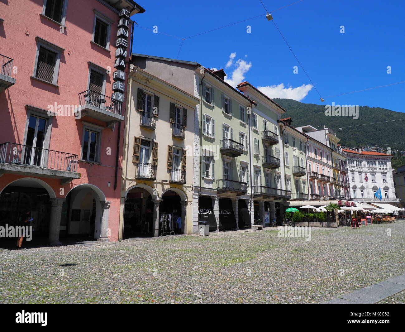 LOCARNO, SWITZERLAND on July 2017: Colorful buildings on Piazza Grande ...